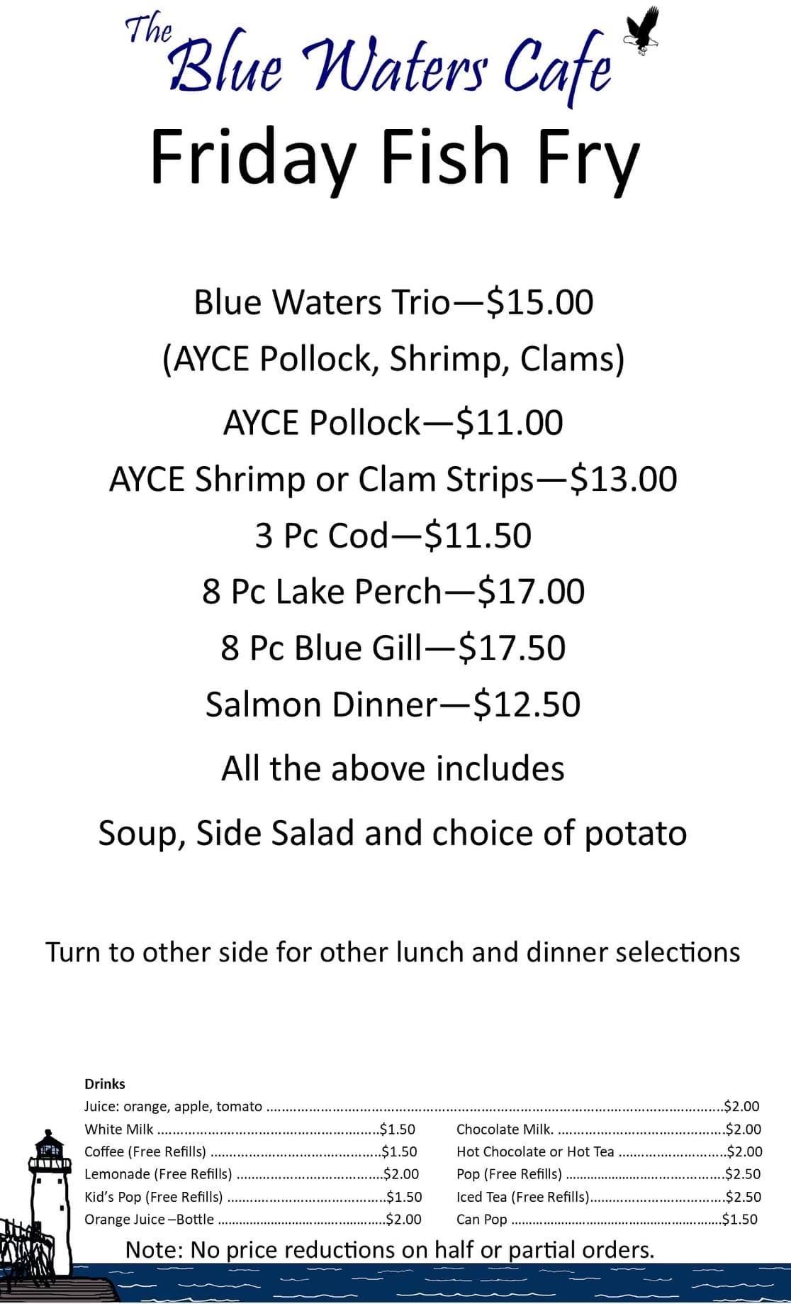 Menu at Blue Waters Cafe, Manistee, 200 Arthur St