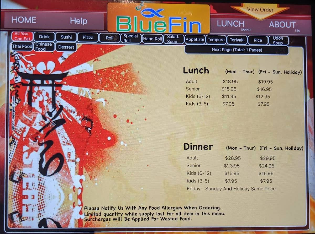 Menu at BlueFin Sushi restaurant, Calgary, Macleod Trail