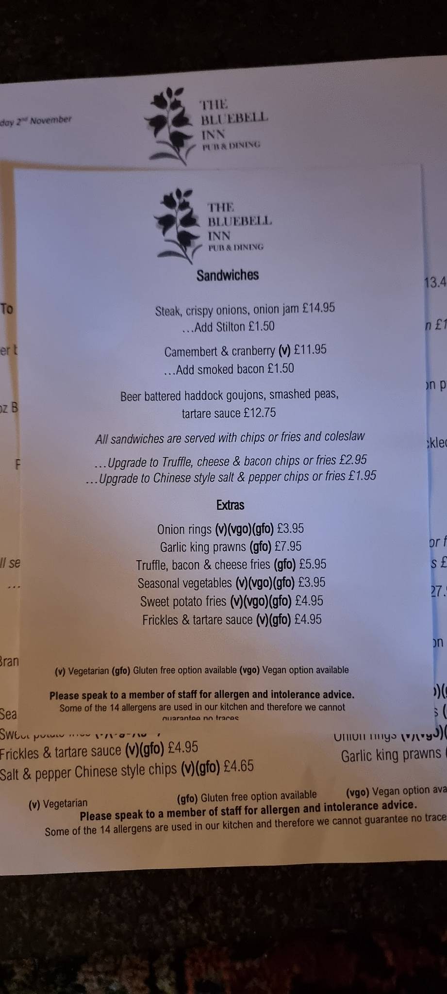Menu at Bluebell Inn pub & bar, Retford