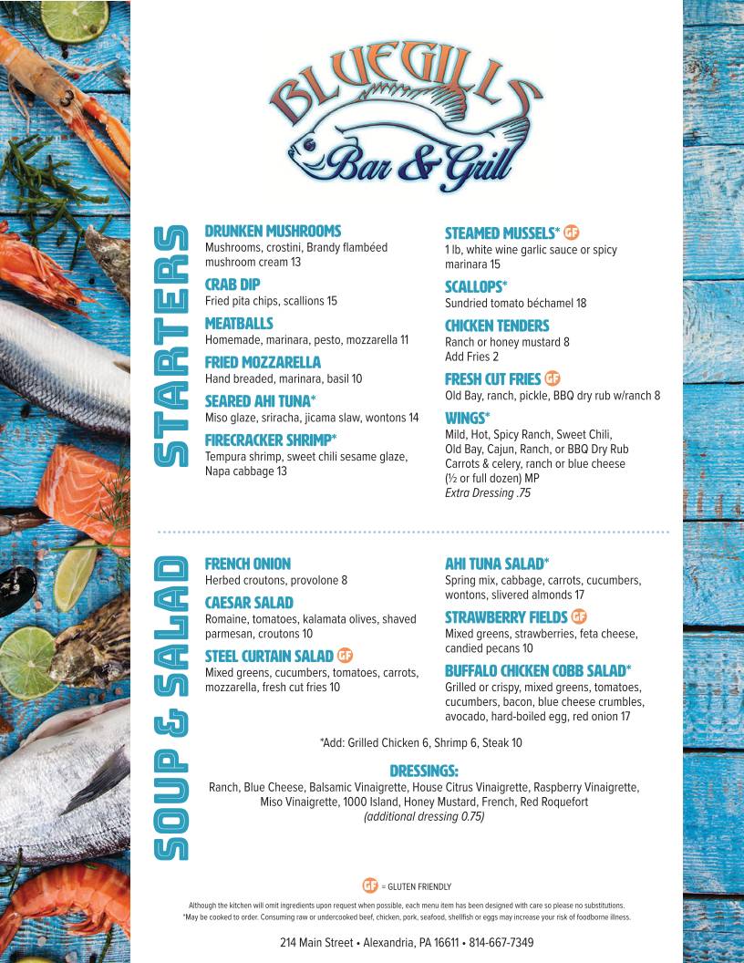 Menu at Bluegills Bar and Grill, Alexandria
