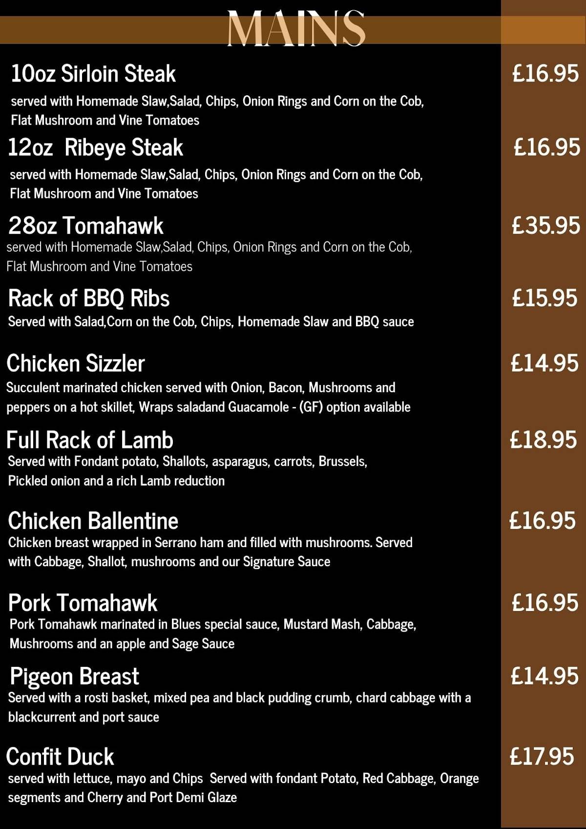 Menu at Blues Restaurant & Bar, Wisbech