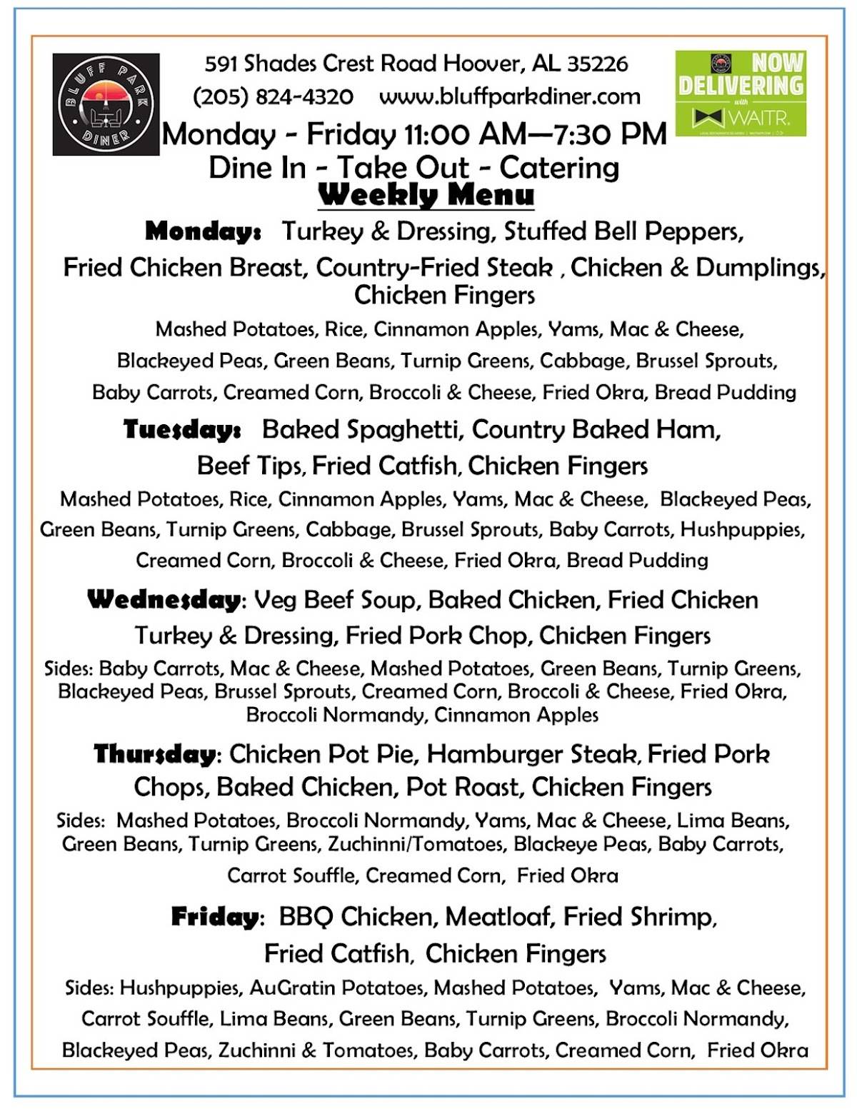 Menu at Bluff Park Diner restaurant, Birmingham