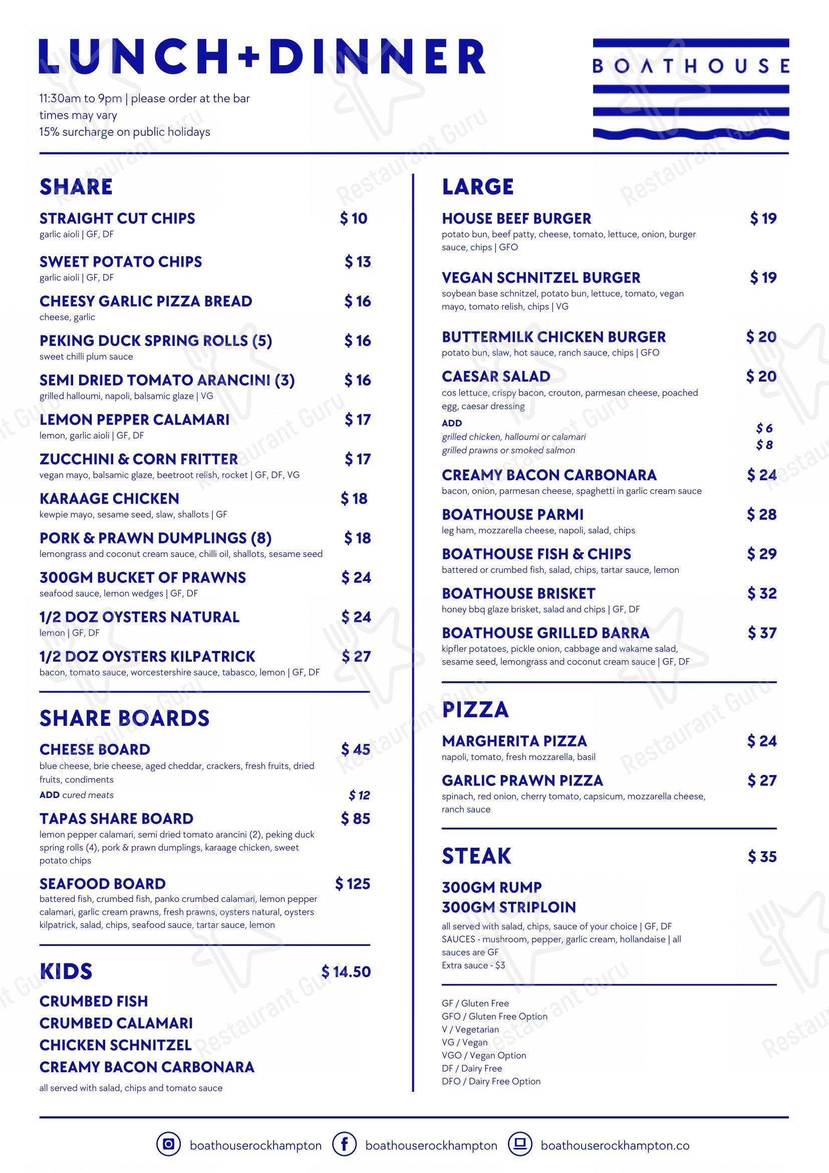Menu at Boathouse pub & bar, Rockhampton City