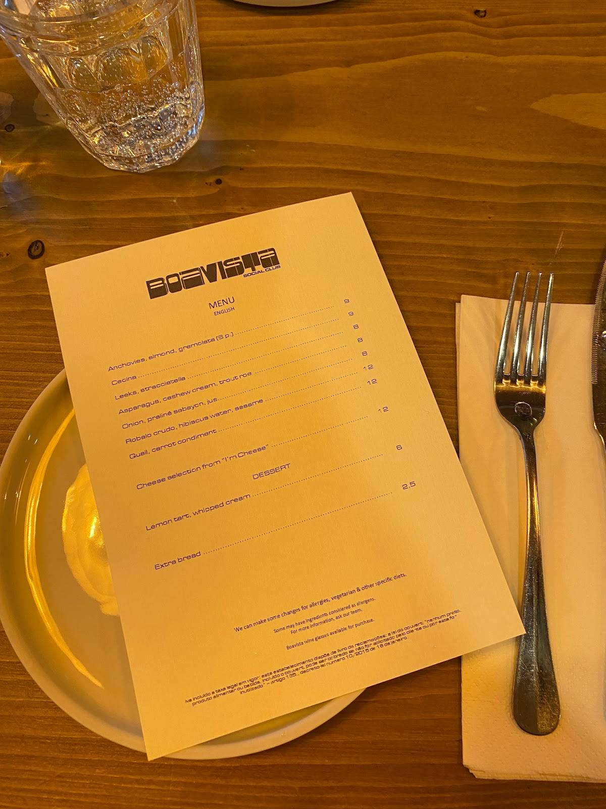 Menu at Boavista Social Club, Lisbon