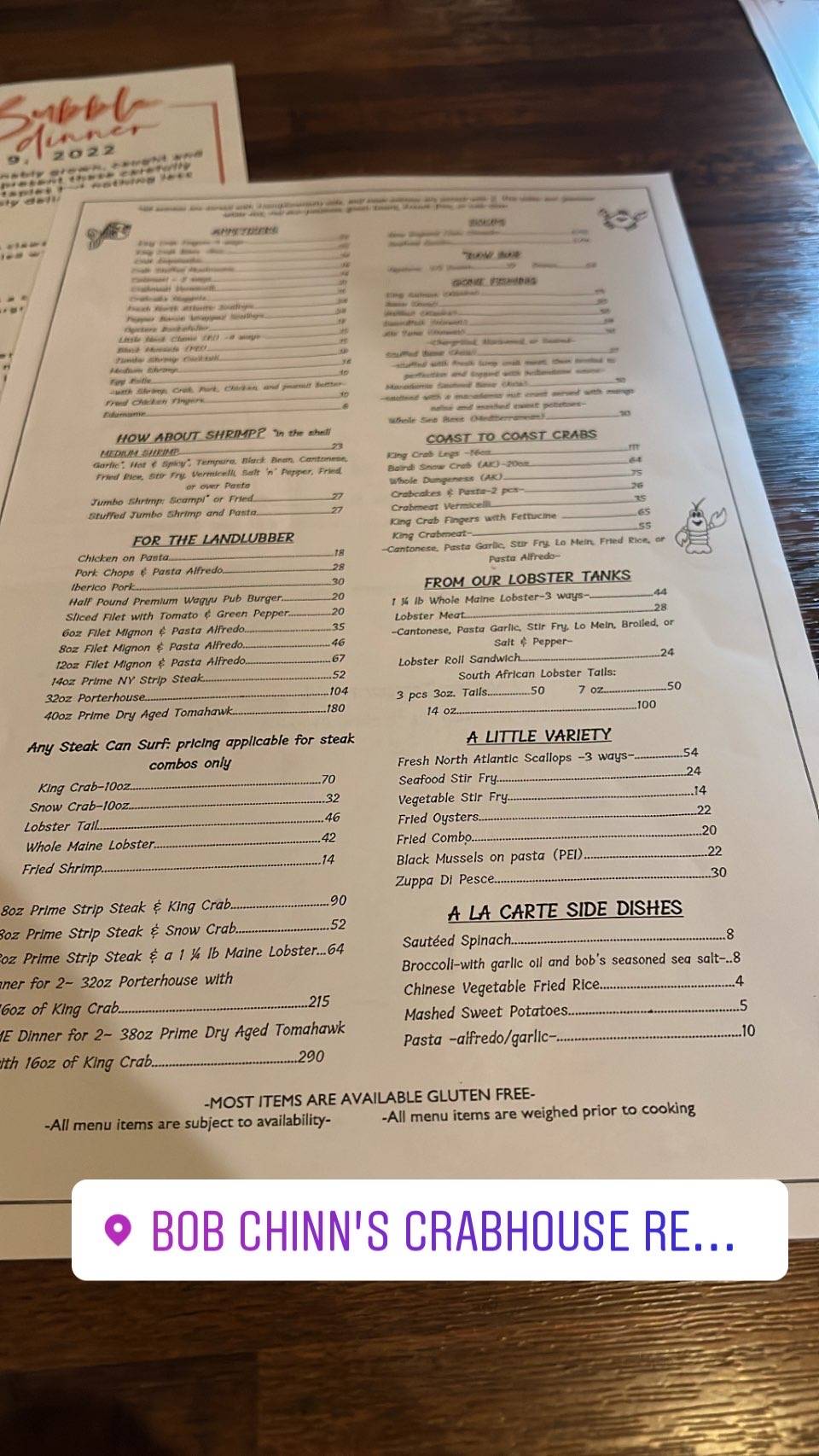 Menu at Bob Chinn's Crab House steakhouse, Wheeling
