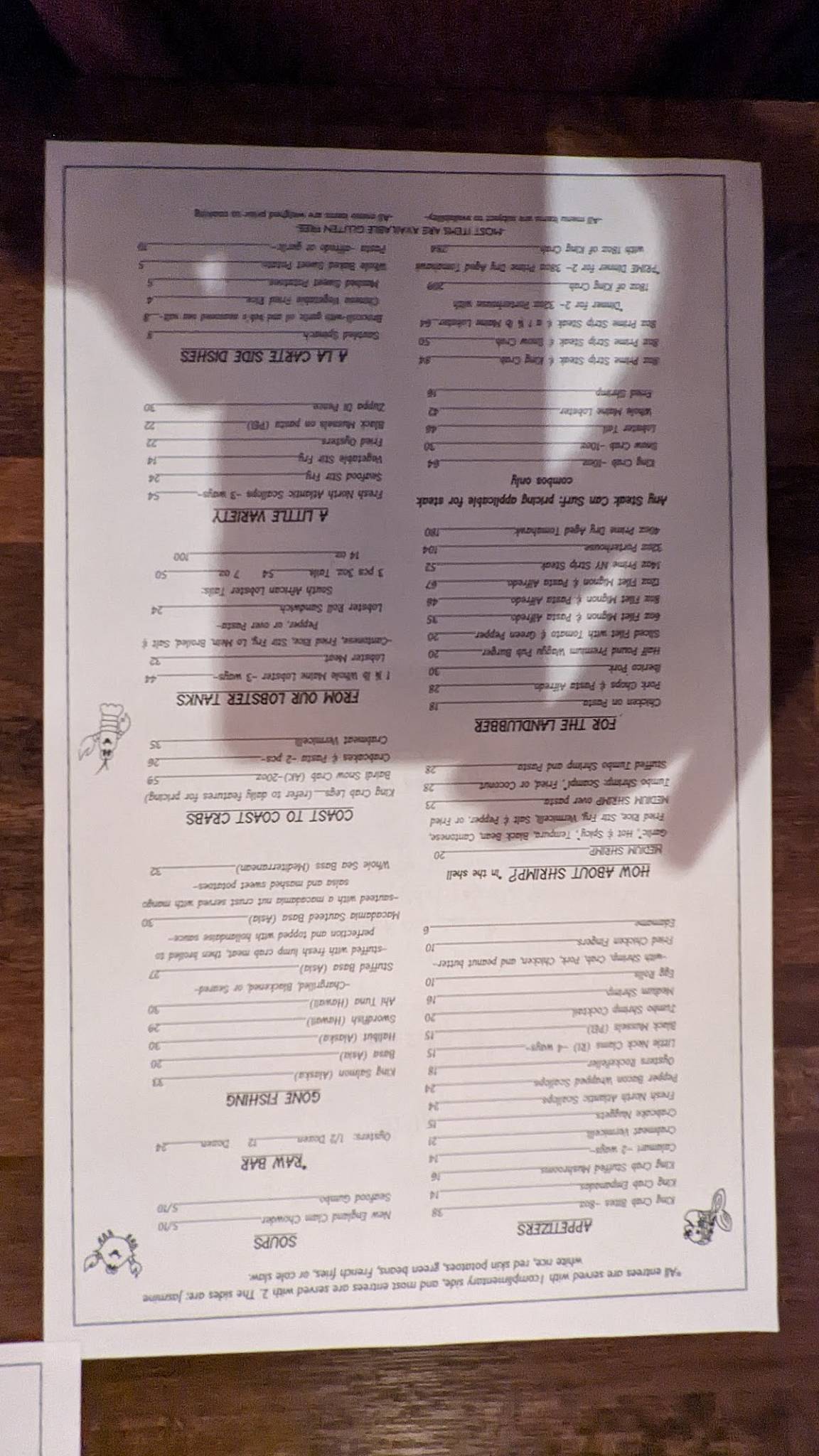 Menu at Bob Chinn's Crab House steakhouse, Wheeling