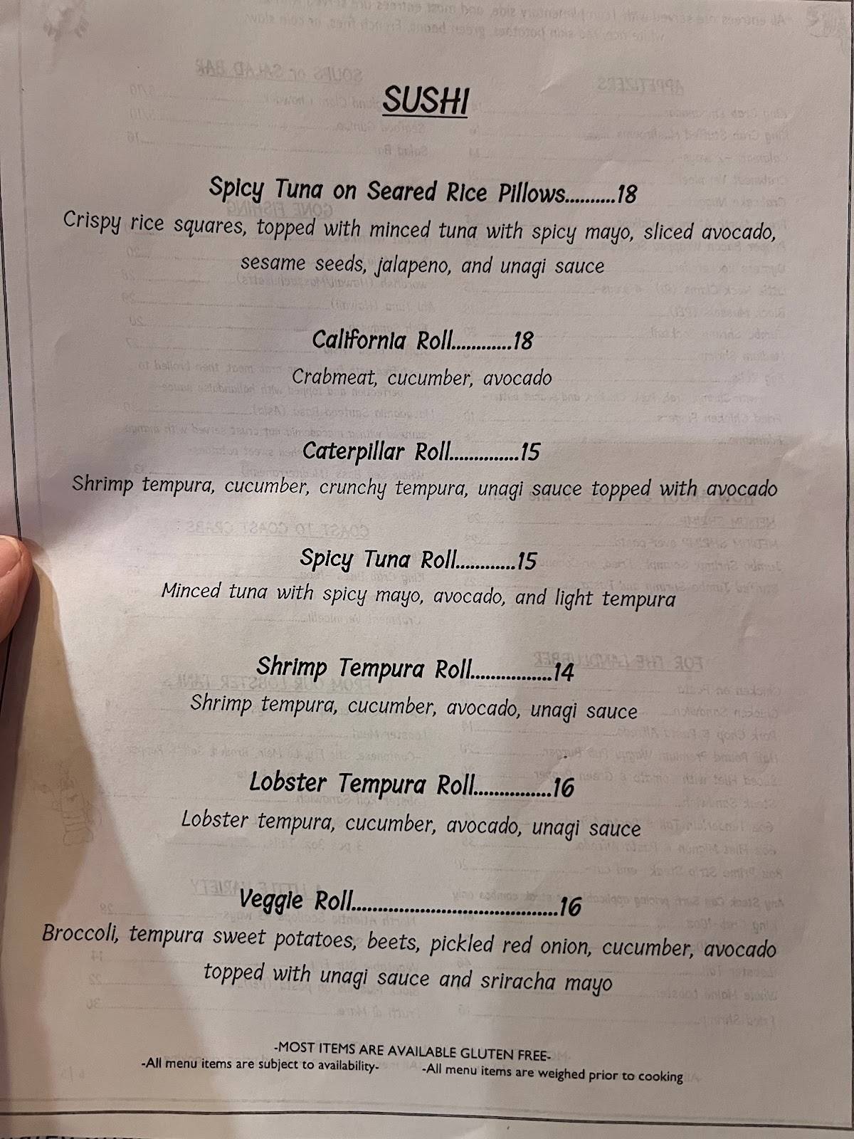 Menu at Bob Chinn's Crab House steakhouse, Wheeling