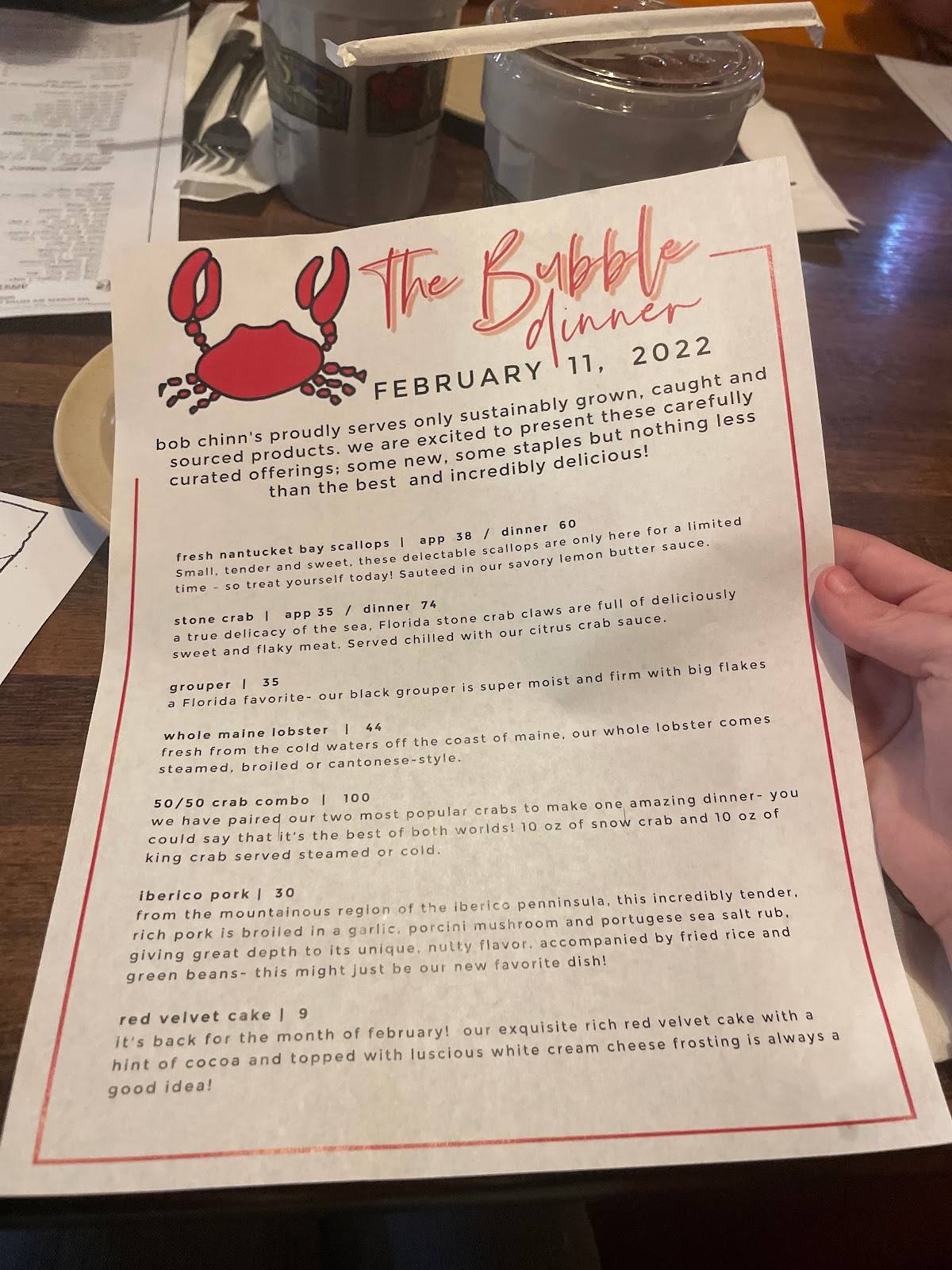 Menu at Bob Chinn's Crab House steakhouse, Wheeling