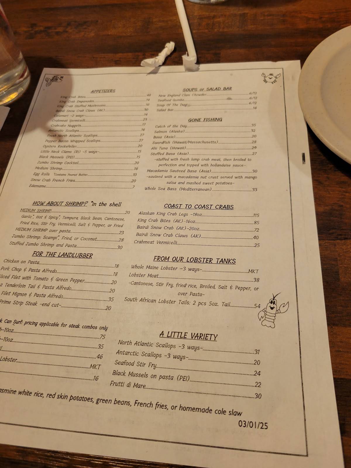 Menu at Bob Chinn's Crab House steakhouse, Wheeling