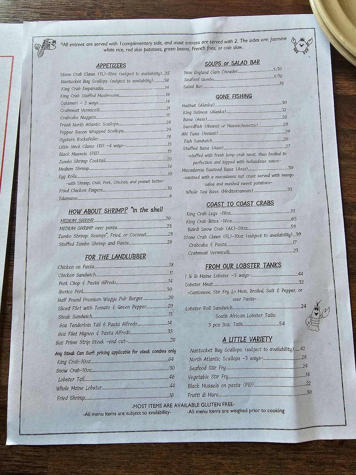 Menu at Bob Chinn's Crab House steakhouse, Wheeling
