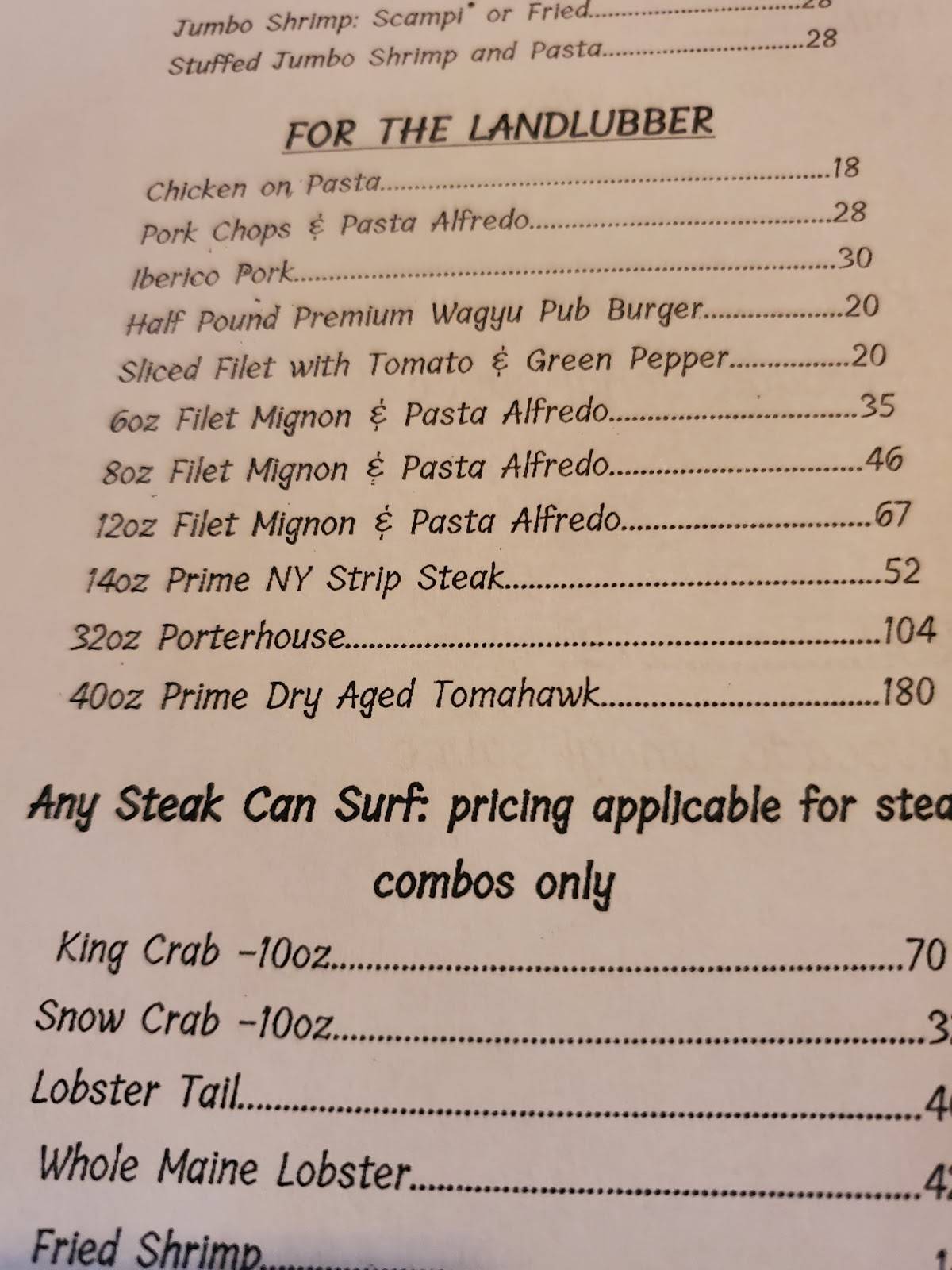 Menu at Bob Chinn's Crab House steakhouse, Wheeling