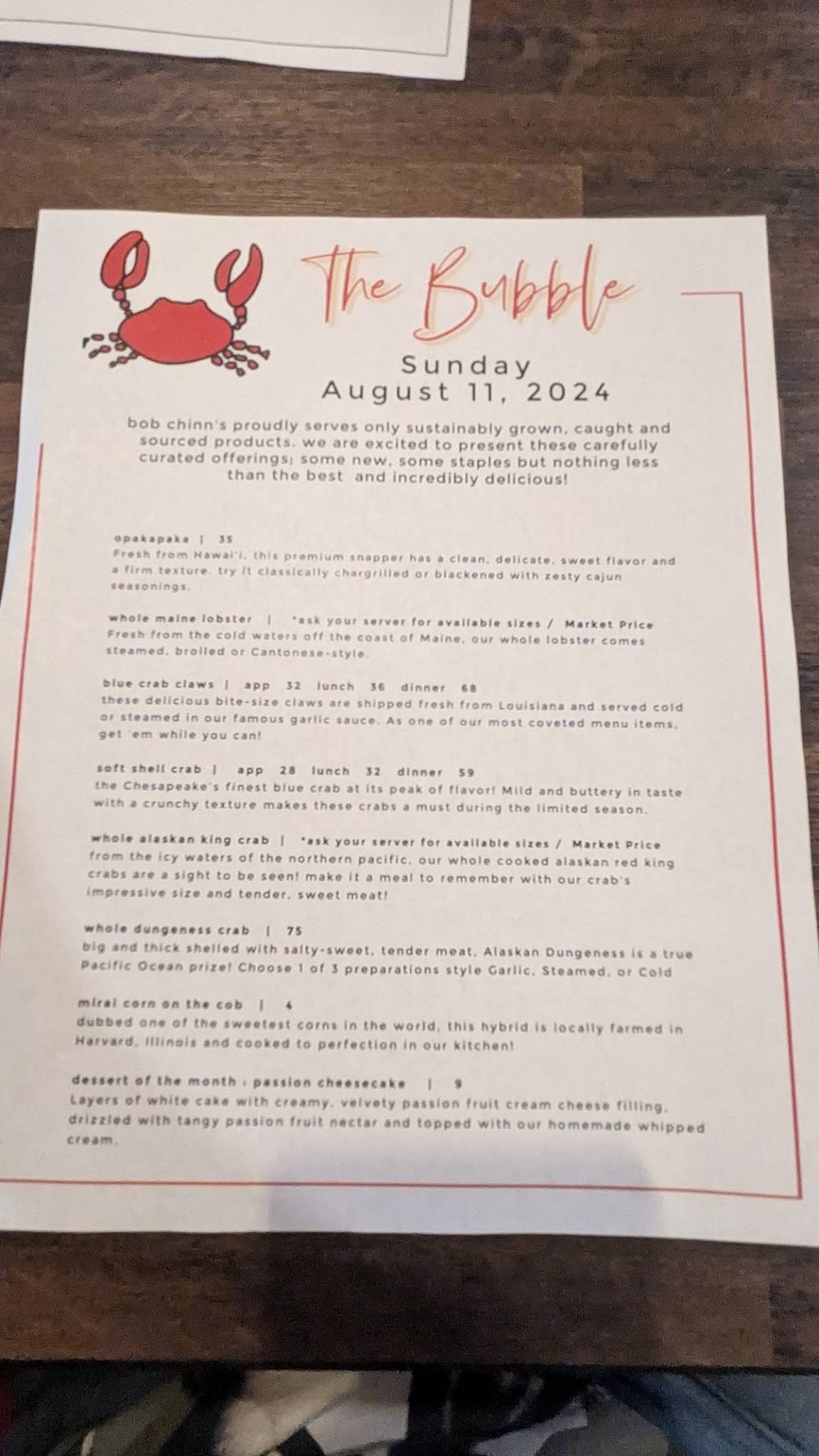 Menu at Bob Chinn's Crab House steakhouse, Wheeling