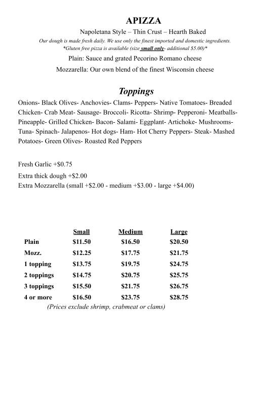 Menu at Bobby's Apizza Restaurant, North Branford