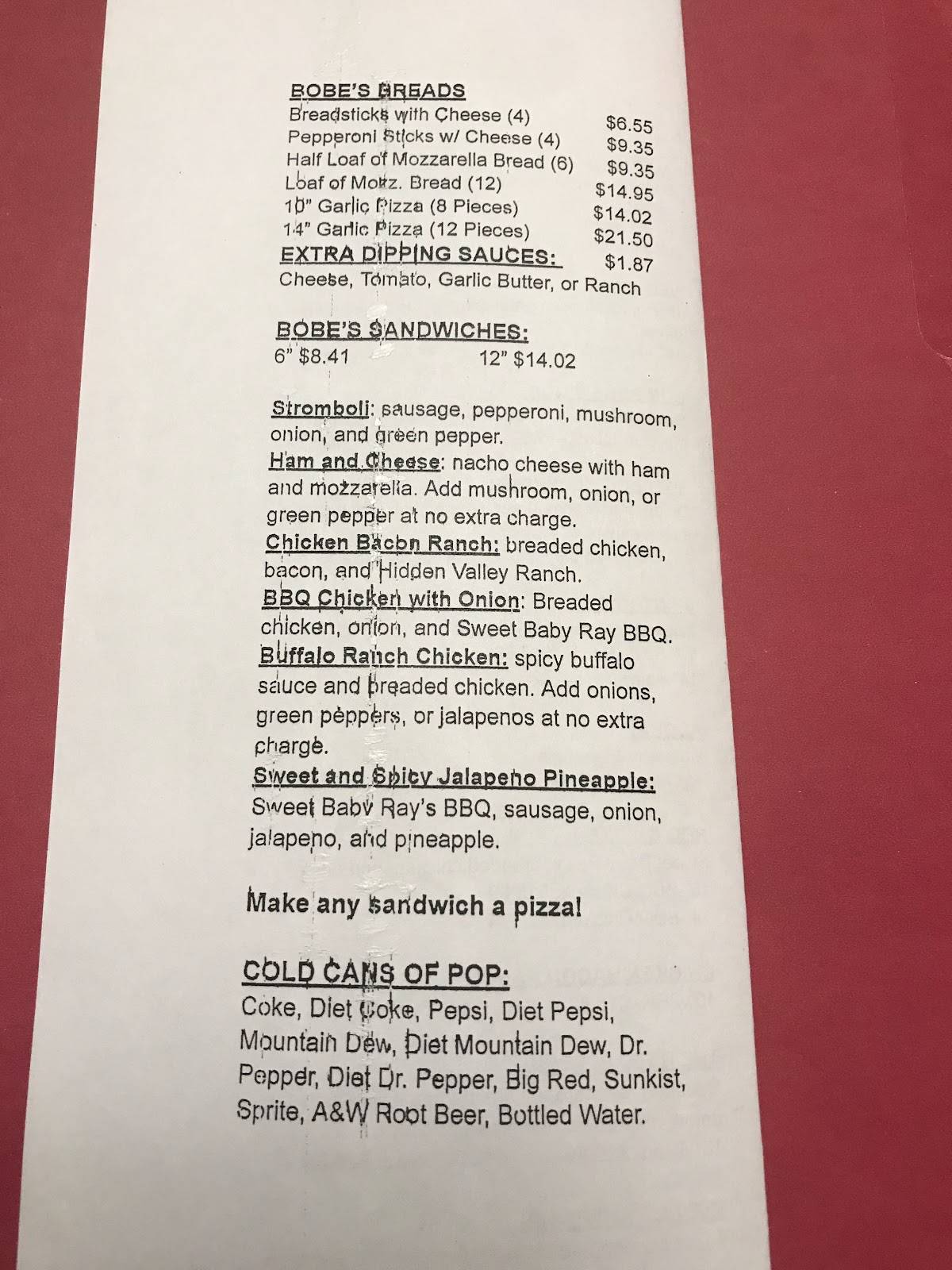Menu at Bobe's Switz City Pizza pizzeria, Switz City