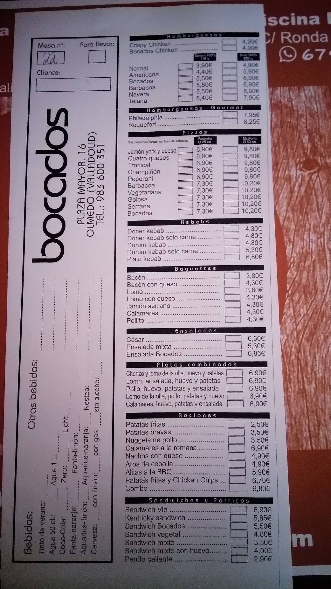 Carta del restaurante Bocados Olmedo, Olmedo