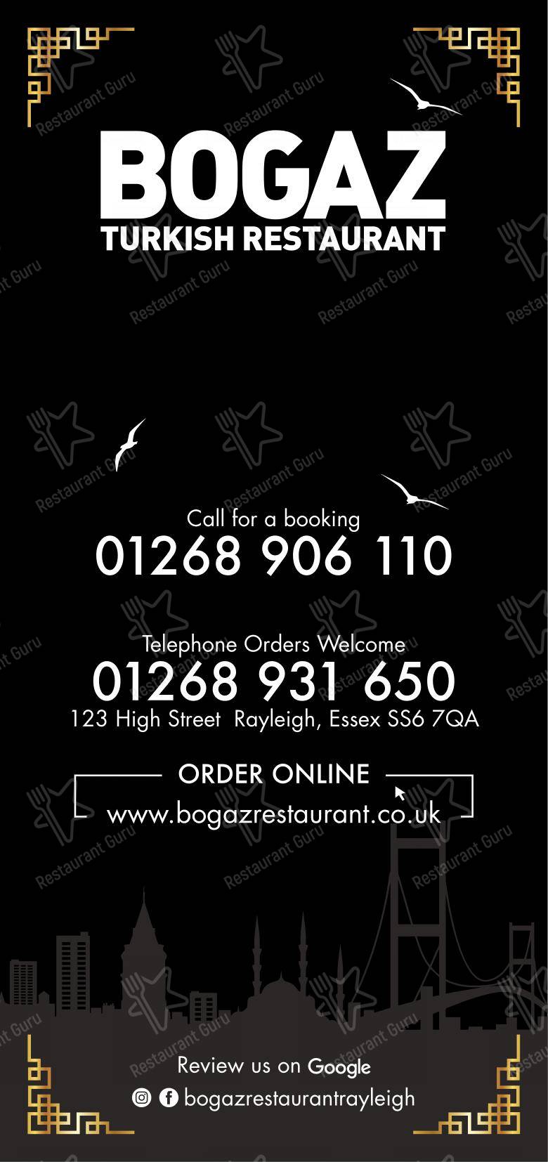 Menu at Bogaz Turkish Restaurant, Rayleigh