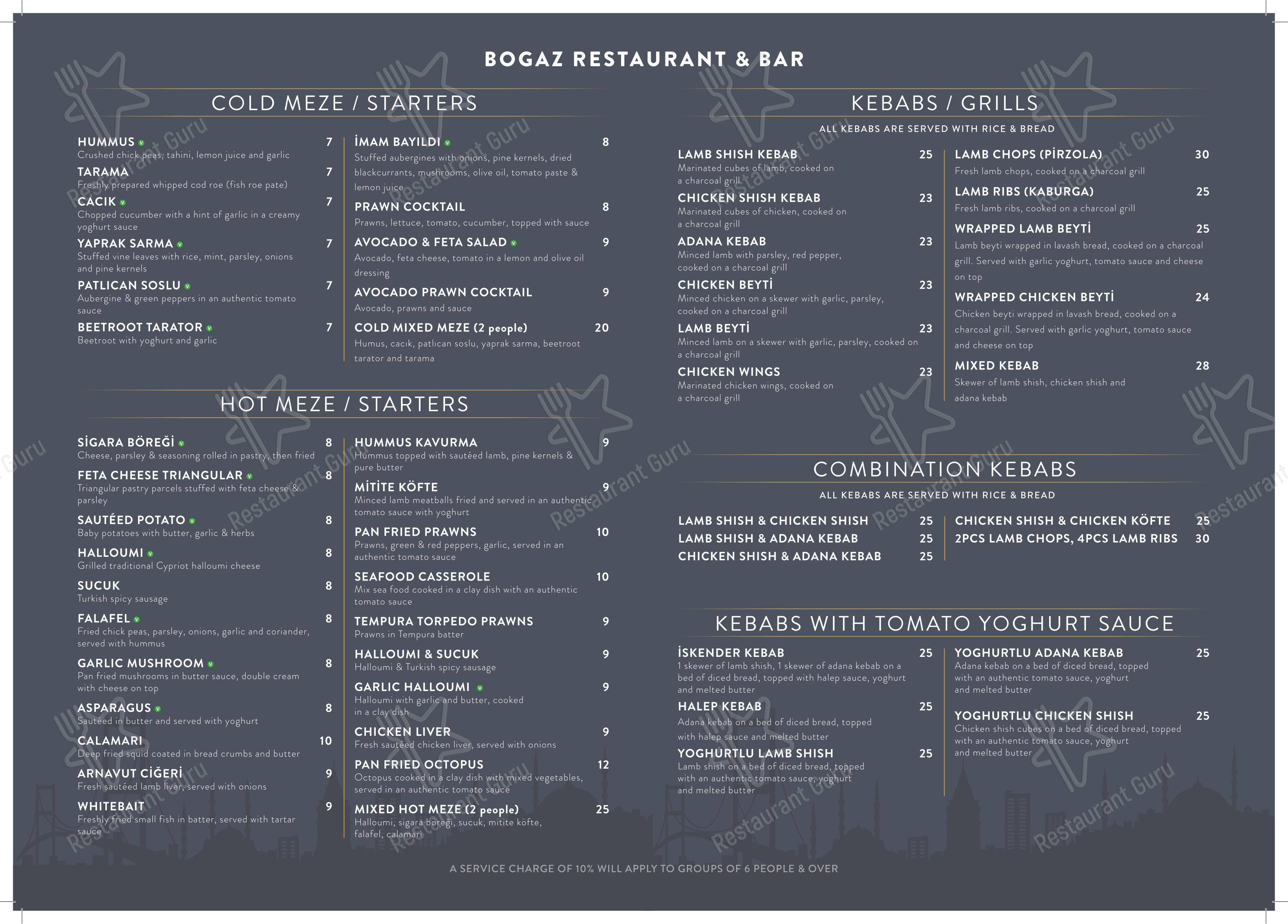 Carta de Bogaz Turkish Restaurant, Rayleigh
