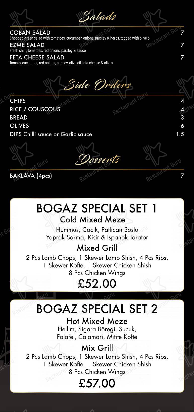 Menu at Bogaz Turkish Restaurant, Rayleigh