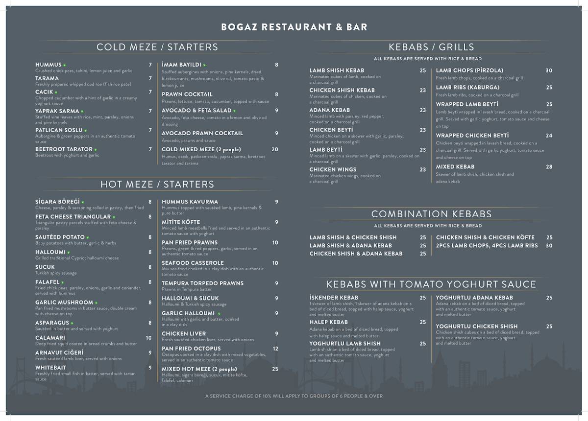 Menu at Bogaz Turkish Restaurant, Rayleigh