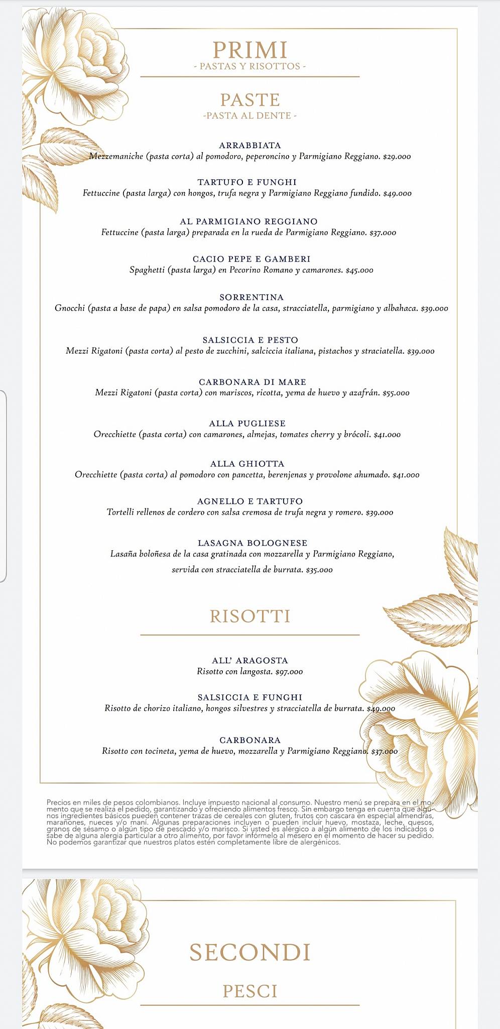 Carta del restaurante Storia D'Amore zona T, Bogotá