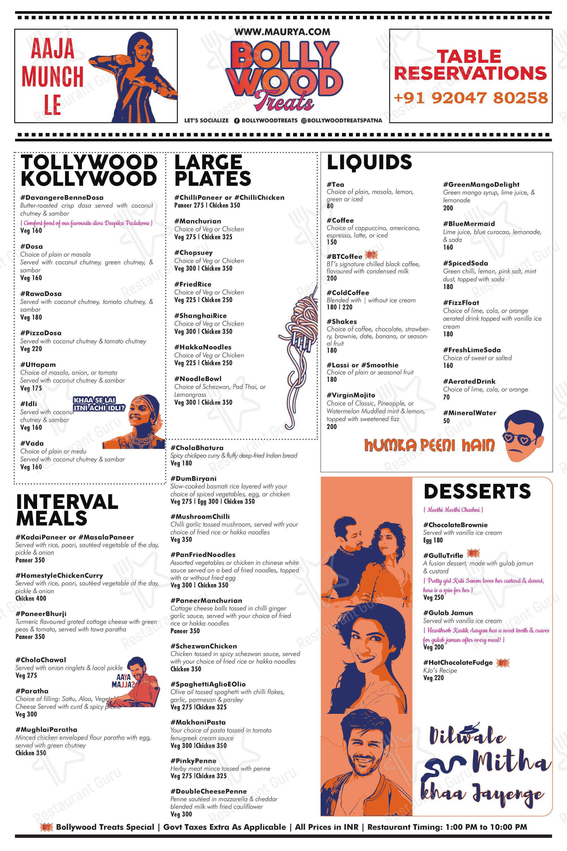 Menu at Bollywood Treats, Patna, Hotel Maurya