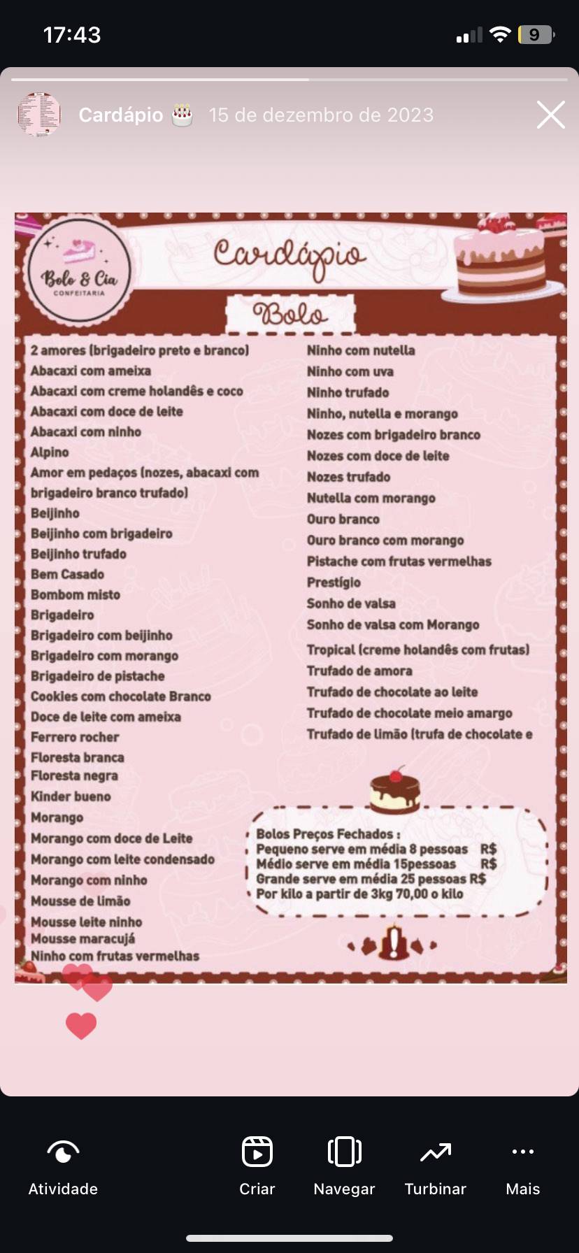 Menu em Bolo & Cia Confeitaria, Atibaia