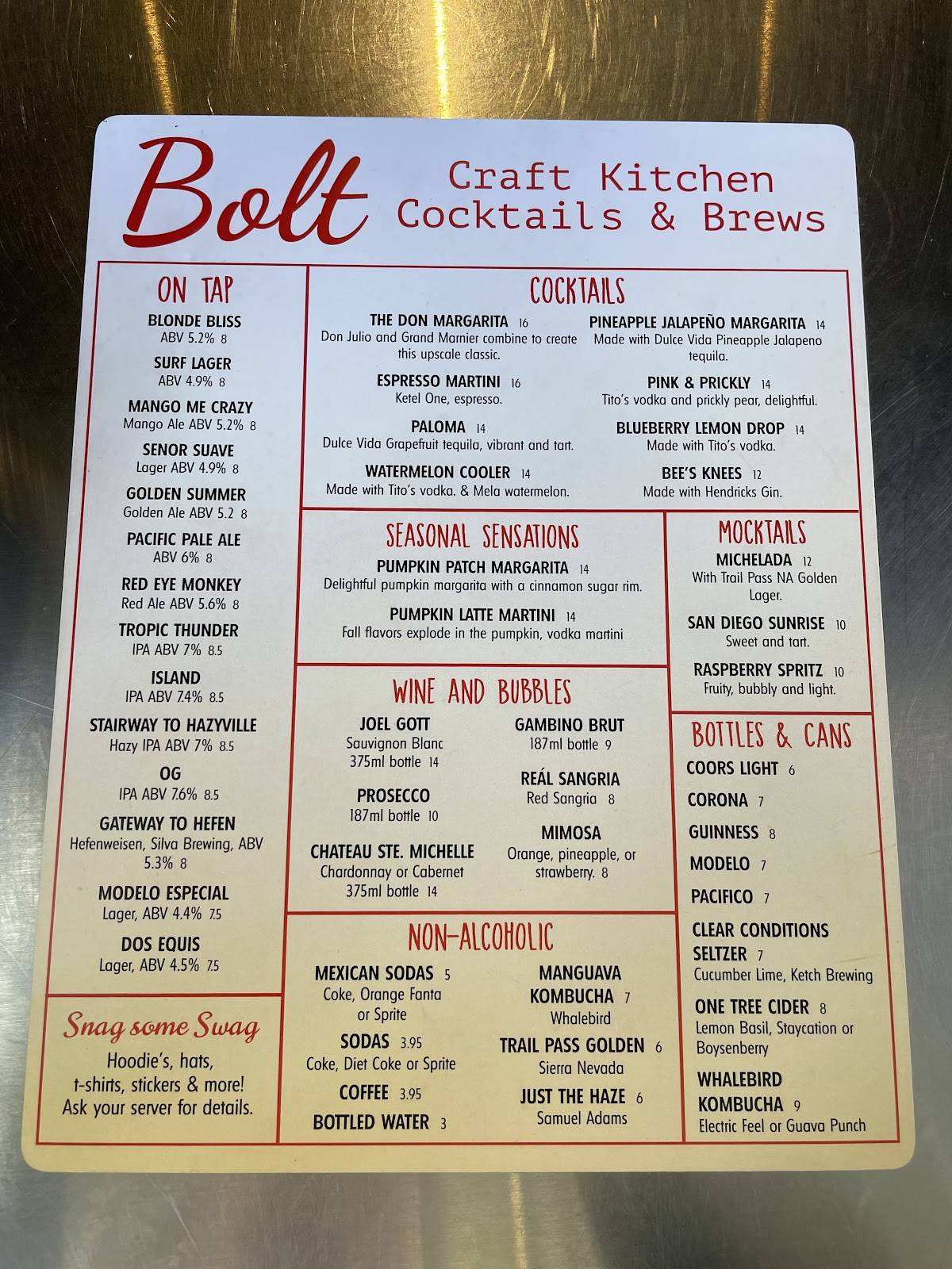 Menu at Bolt Brewery - Little Italy pub & bar, San Diego