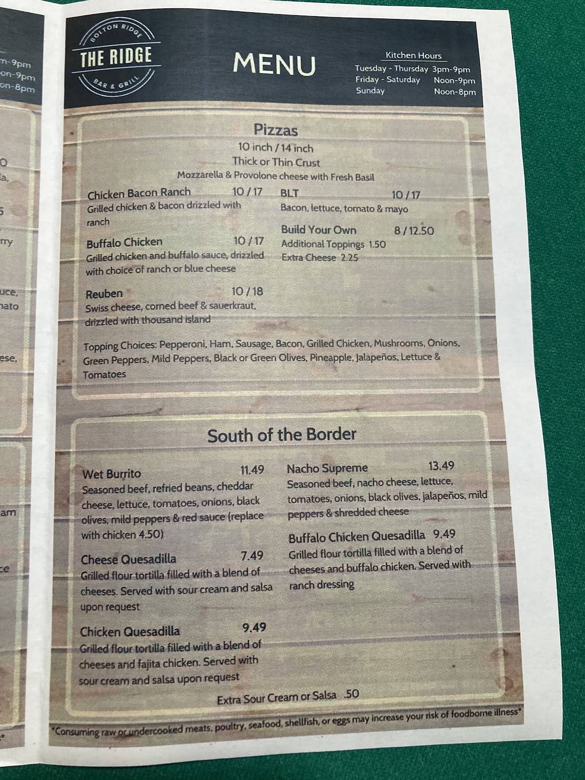 Menu at Bolton Ridge Bar & Grill, USA, Bolton Rd