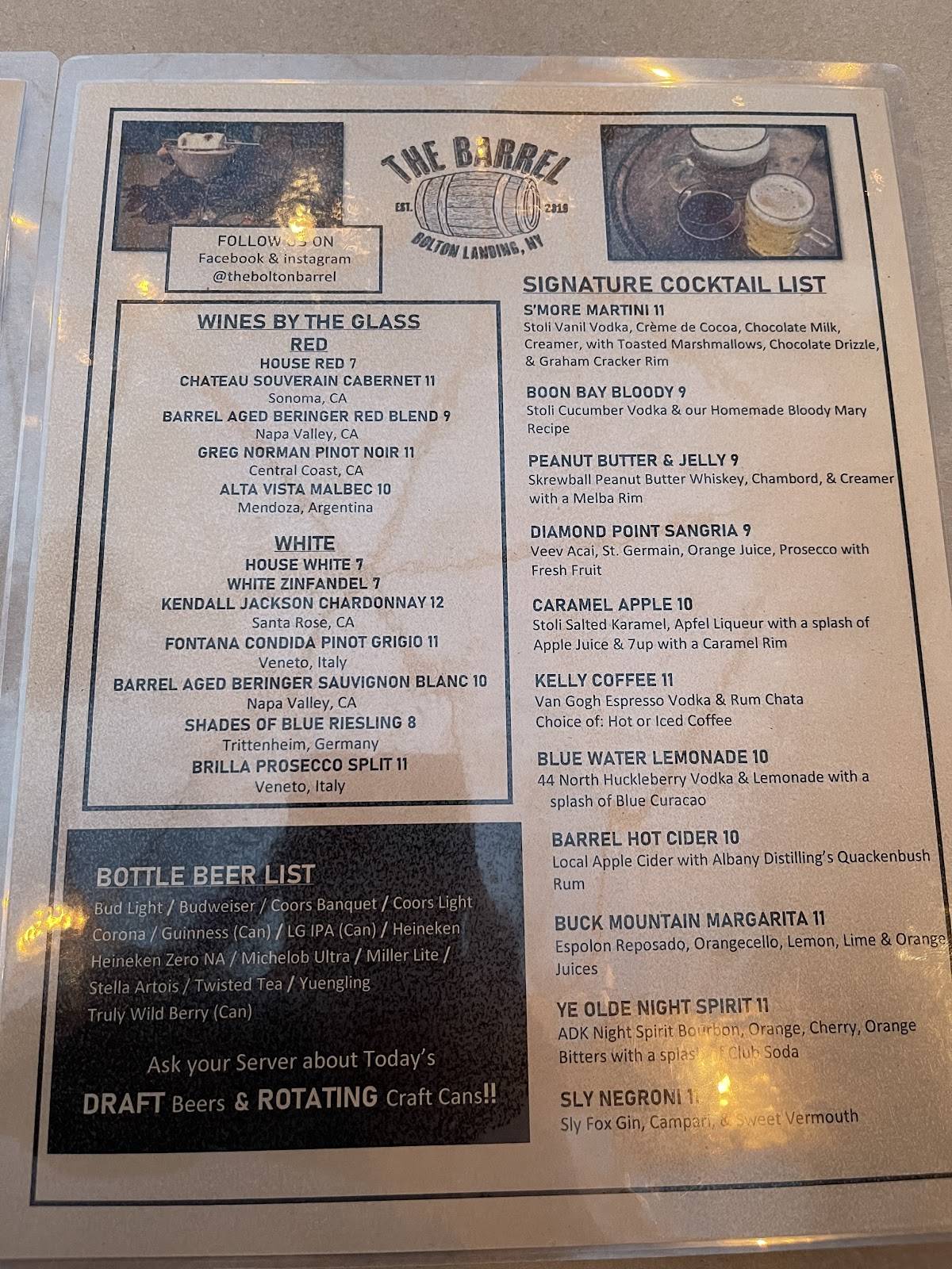 Menu at The Barrel, Bolton