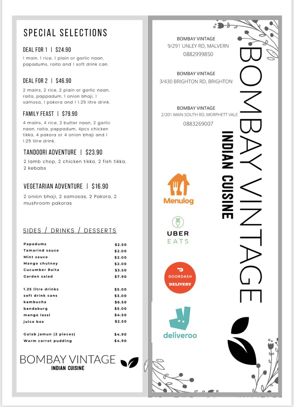 Menu at Bombay Vintage Brighton restaurant, Brighton