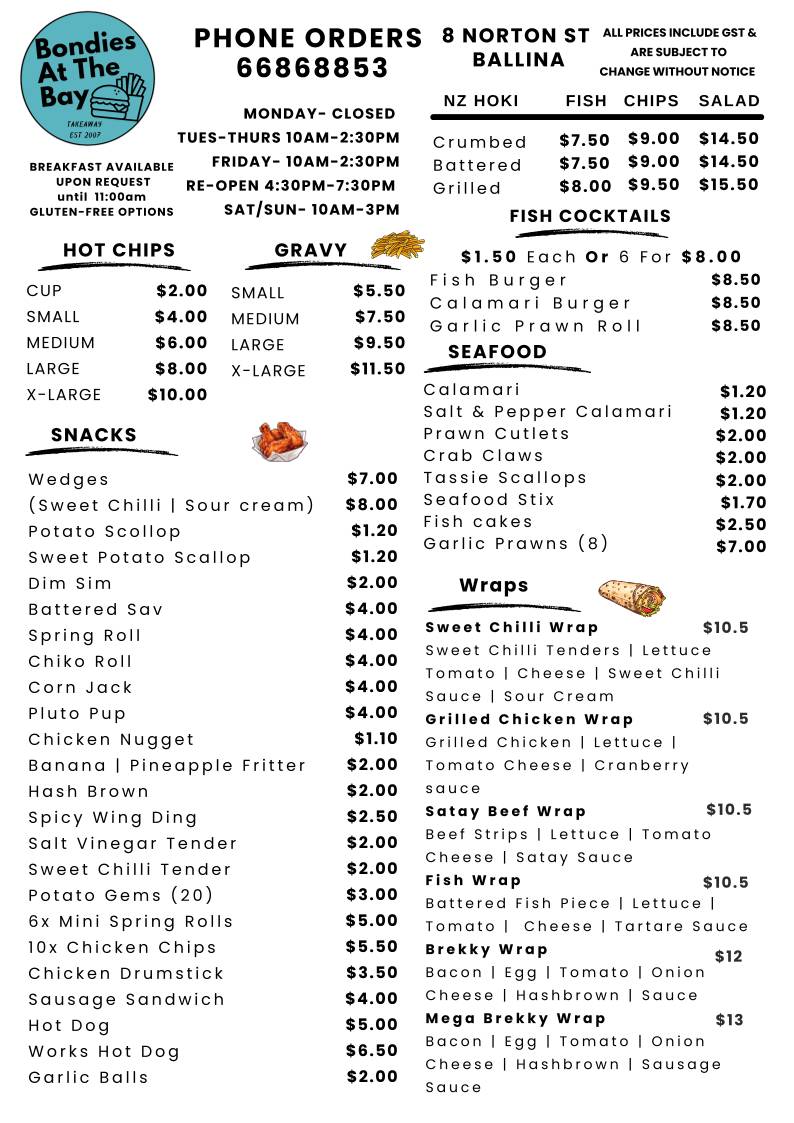 Menu at Bondies at The Bay fast food, Ballina