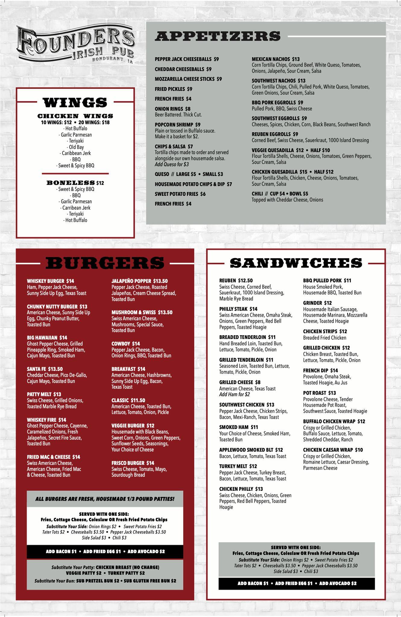 Menu at Founders Irish Pub, Bondurant
