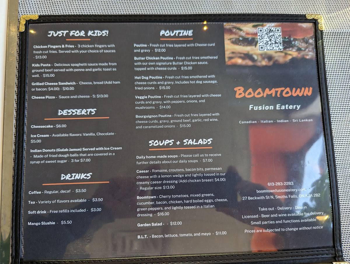 Menu at Boomtown Fusion Eatery restaurant, Smiths Falls