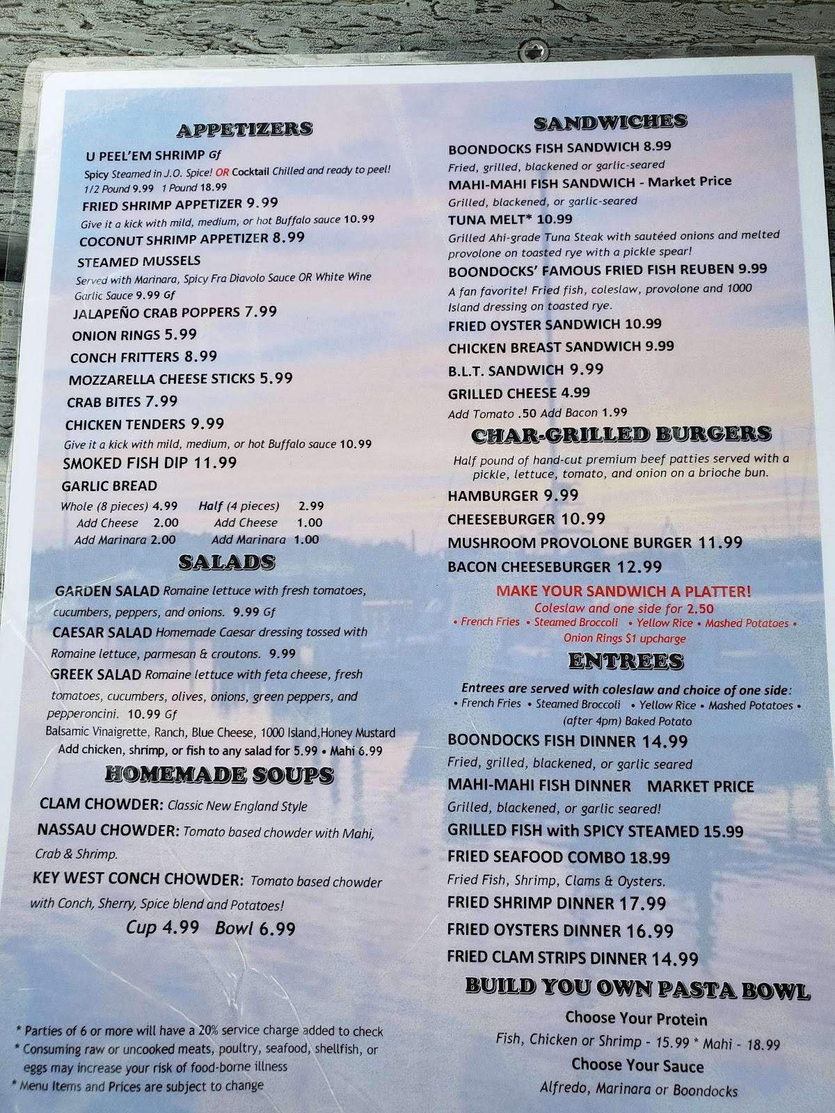 Menu at Boondocks Restaurant, Port Orange