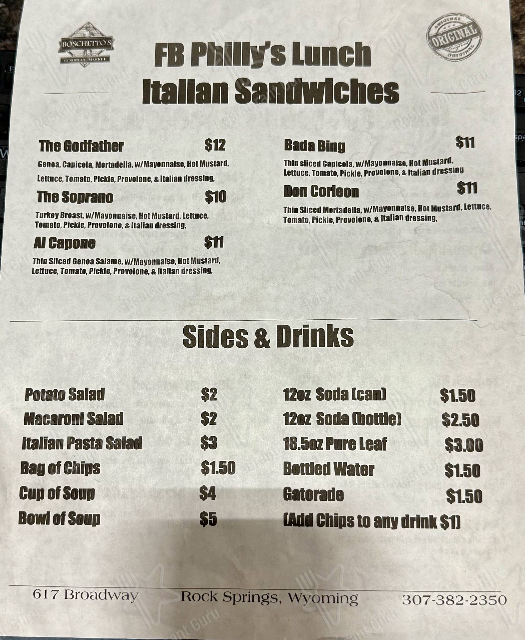 Menu at Boschetto's European Market restaurant, Rock Springs