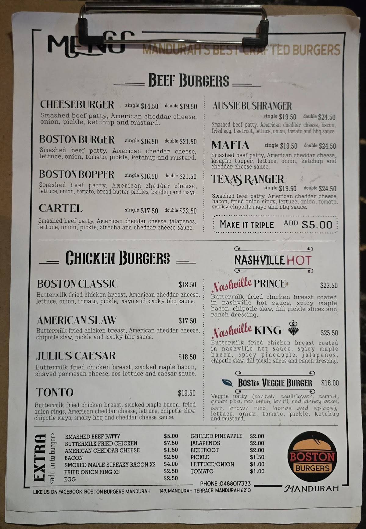 Menu at Boston Burgers Mandurah restaurant, Mandurah