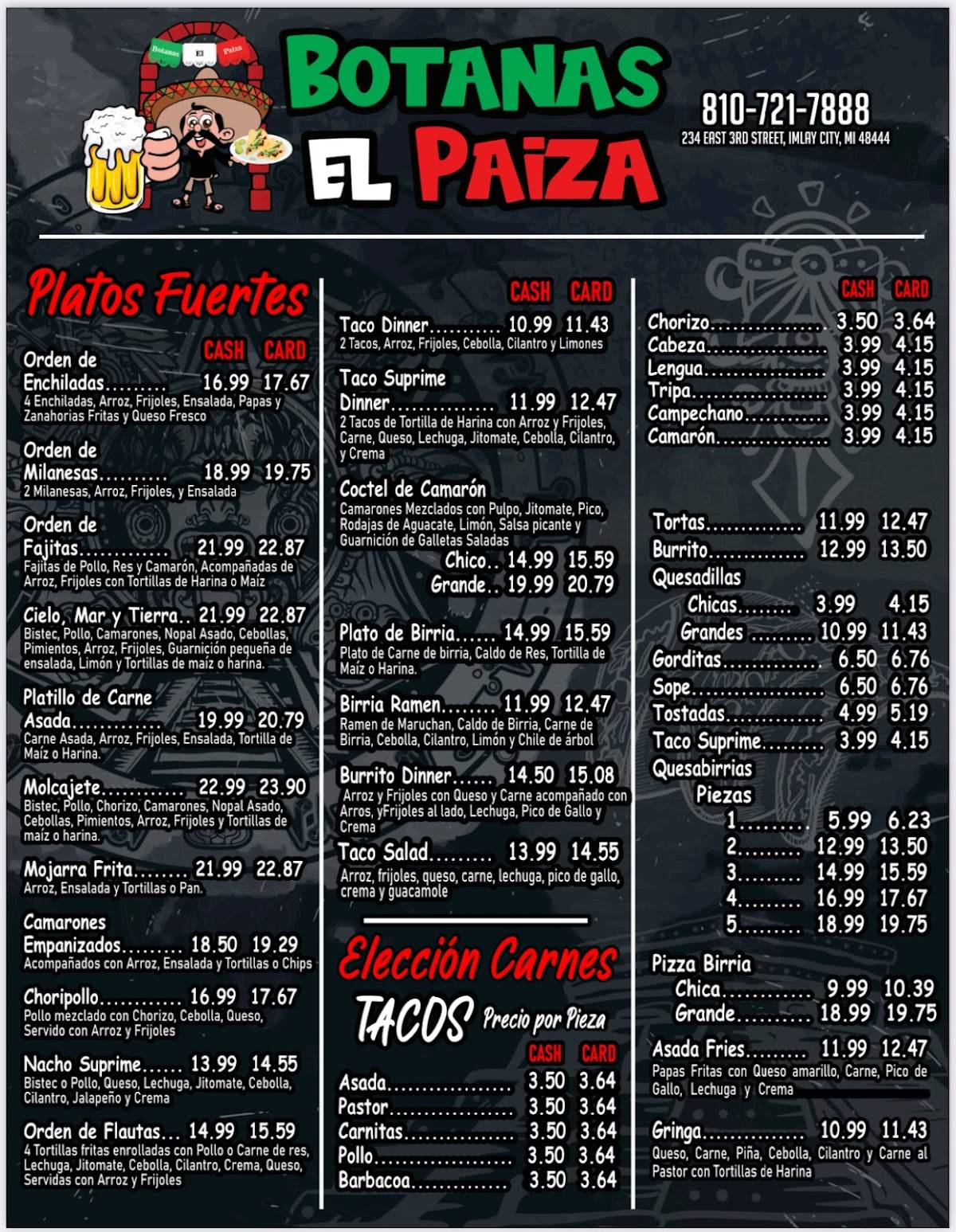 Menu at Botanas El Paiza restaurant, Imlay City