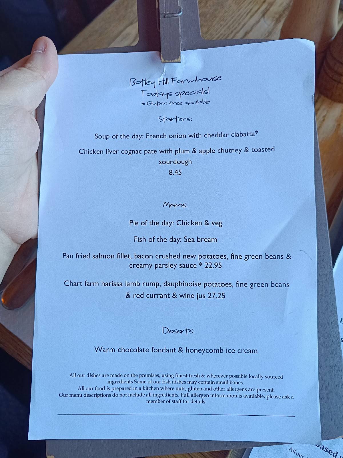 Menu at Botley Hill Farmhouse pub & bar, Warlingham