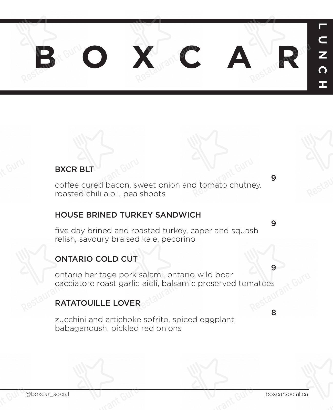 Menu at Boxcar Social pub & bar, Toronto, 70 Temperance St