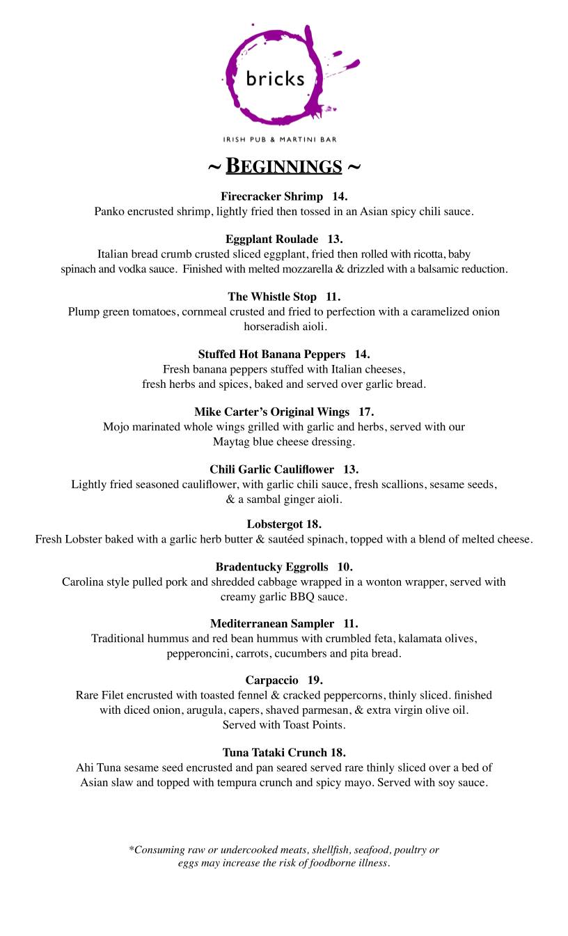 Menu at O'bricks Irish Pub & Martini Bar, Bradenton