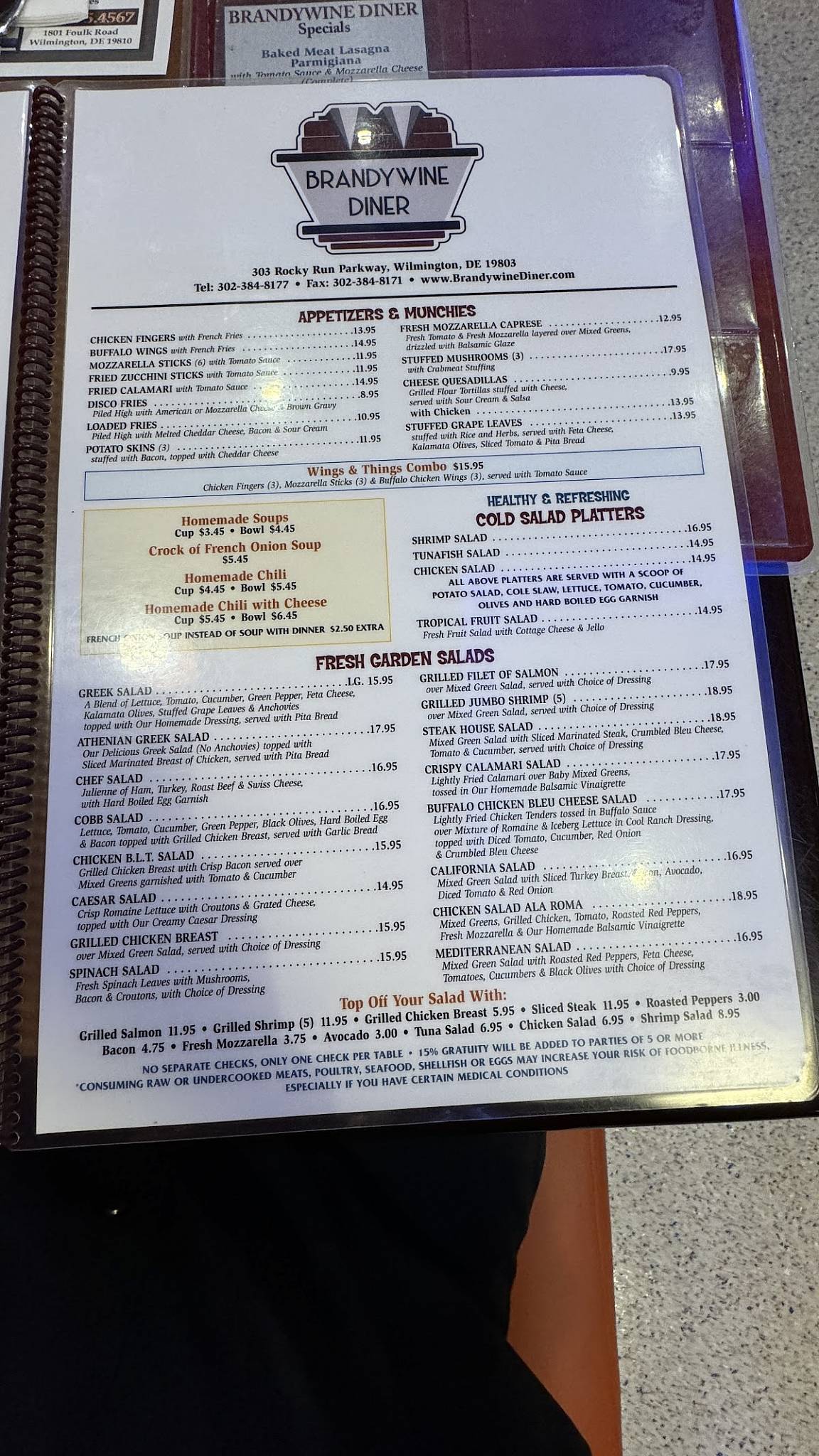 Menu at Brandywine Diner restaurant, Wilmington