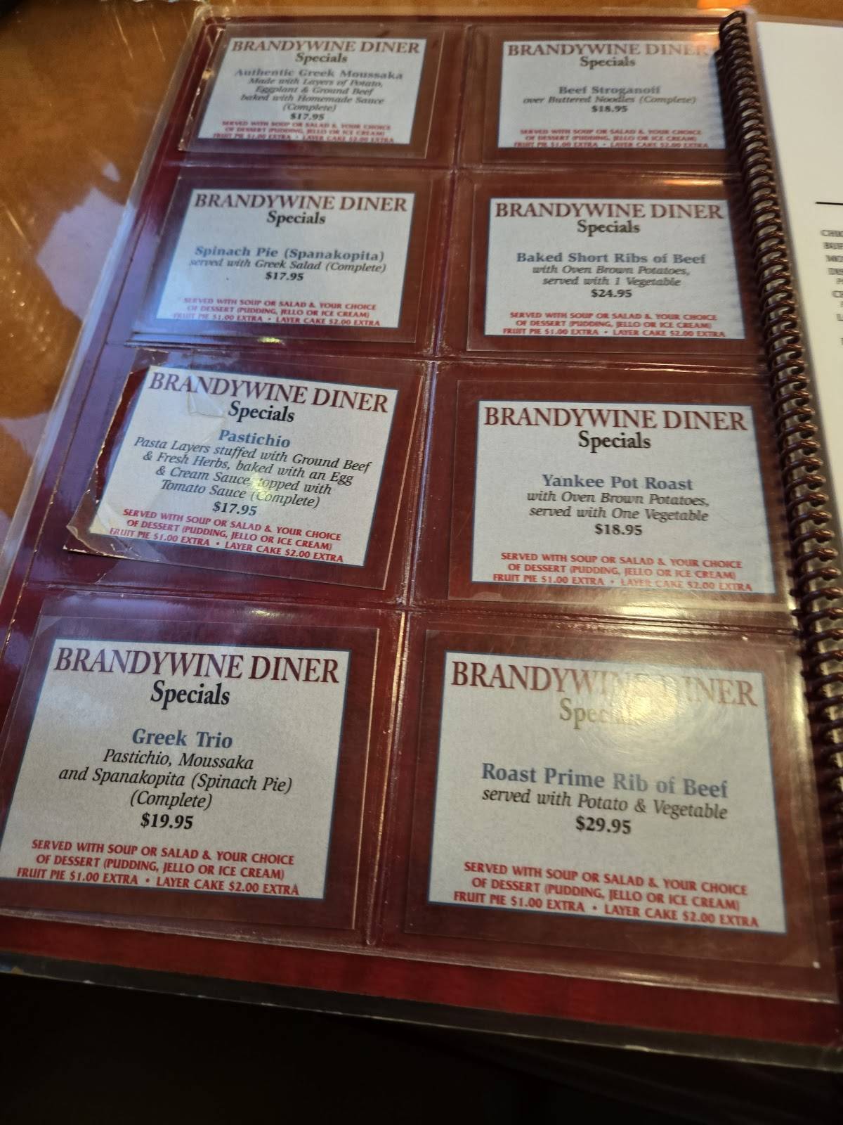 Menu at Brandywine Diner restaurant, Wilmington