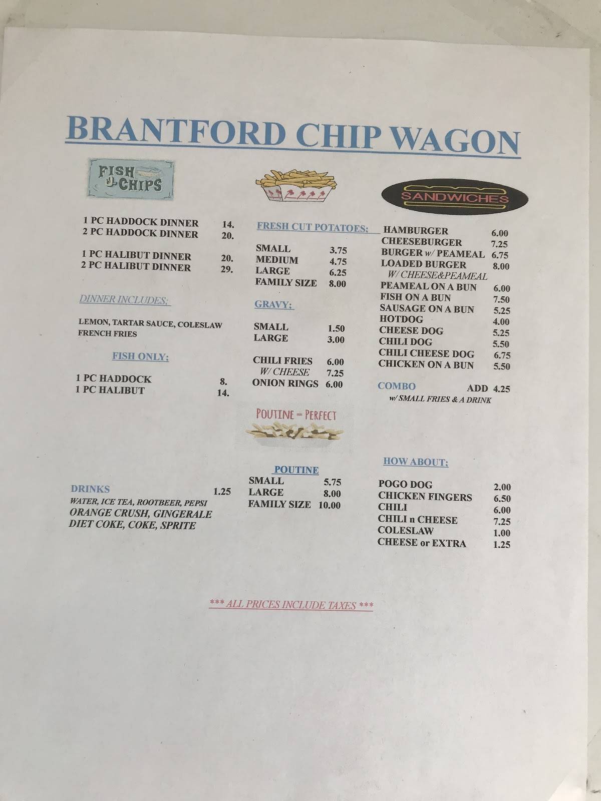 Menu at Brantford Chip Wagon restaurant, Brantford