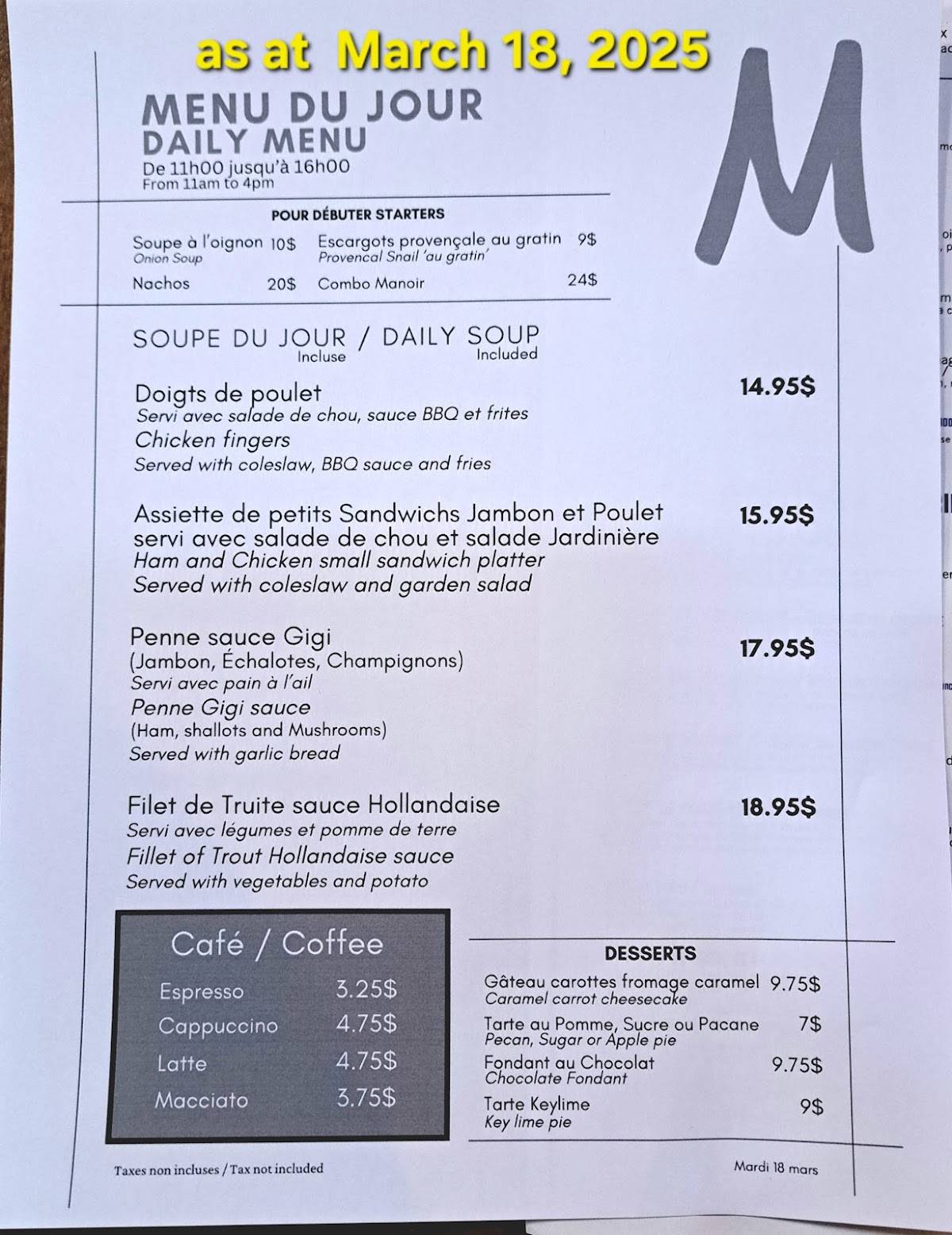 Menu at Brasserie Le Manoir Pointe-Claire pub & bar, Pointe-Claire, 600 ...
