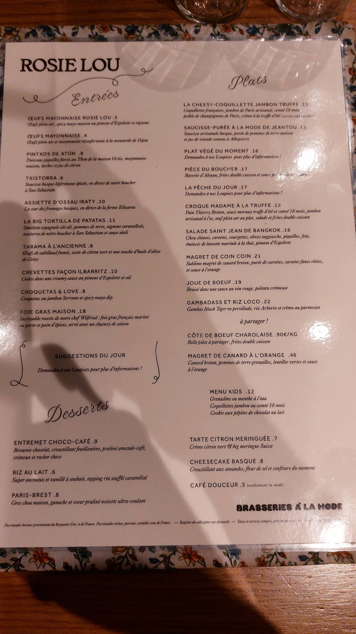 Menu at Brasserie Rosie Lou restaurant, Paris