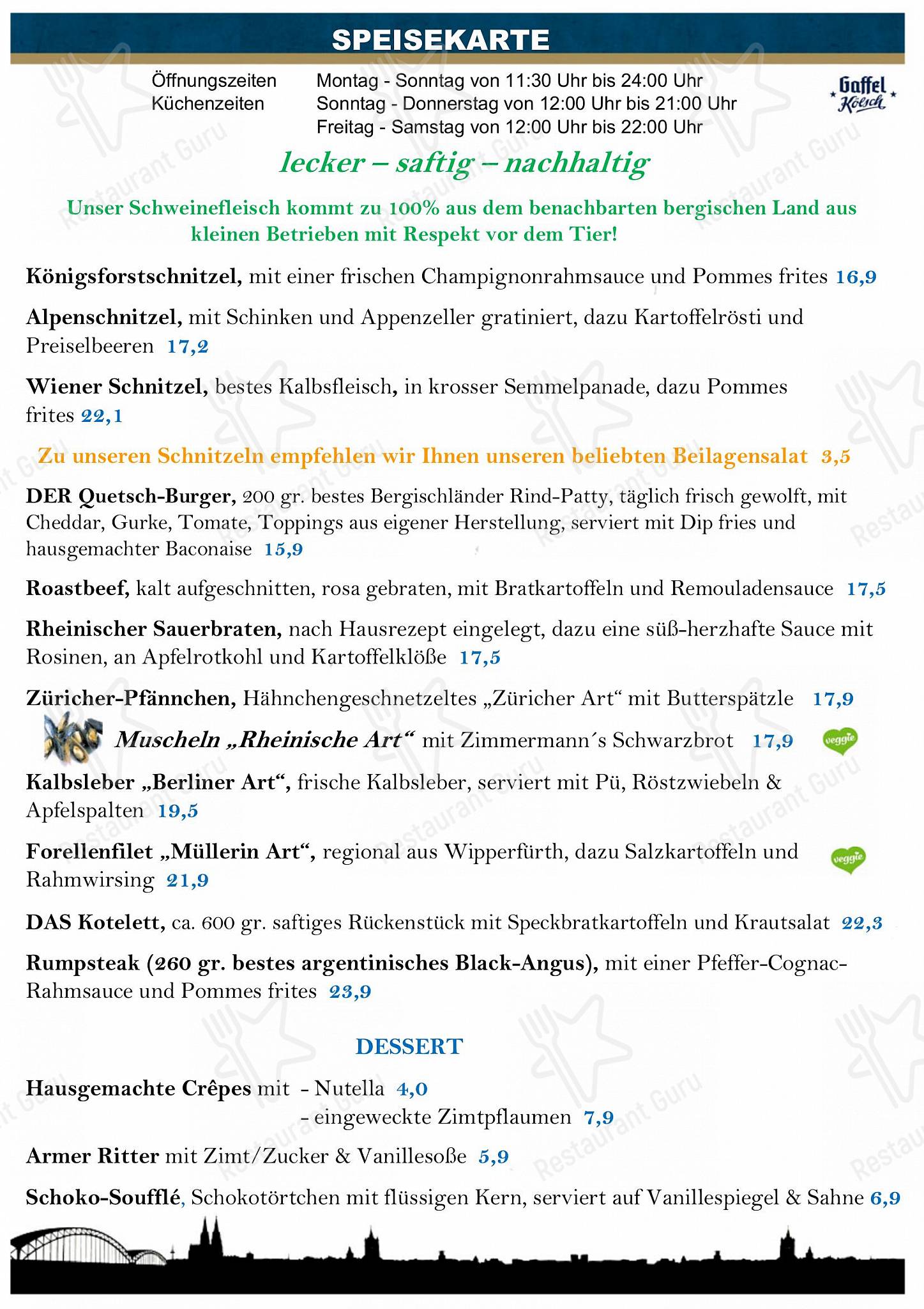 Speisekarte von Brauhaus Quetsch restaurant, Köln