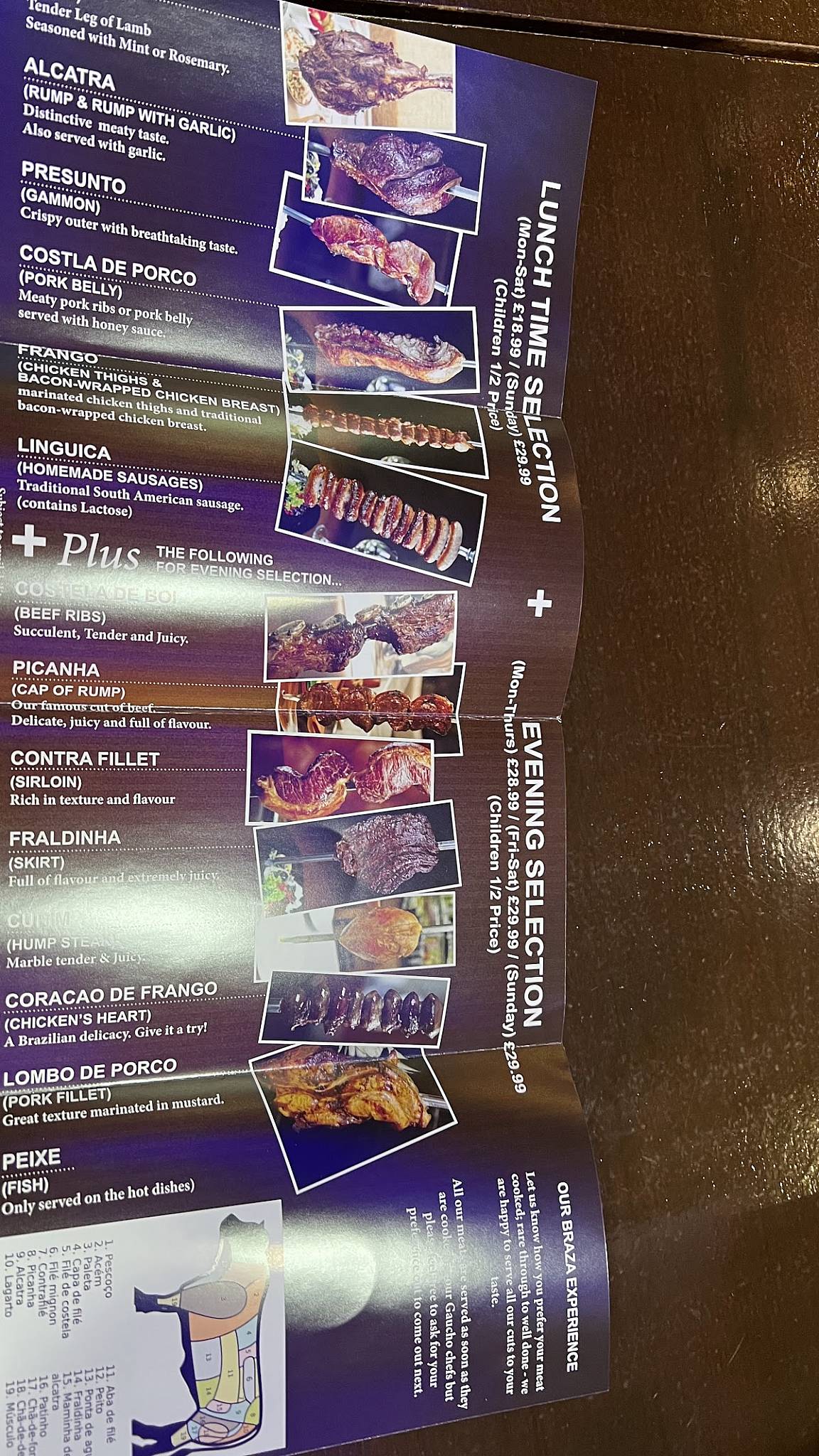 Menu at Braza Churrascaria Rodizio steakhouse, Romford