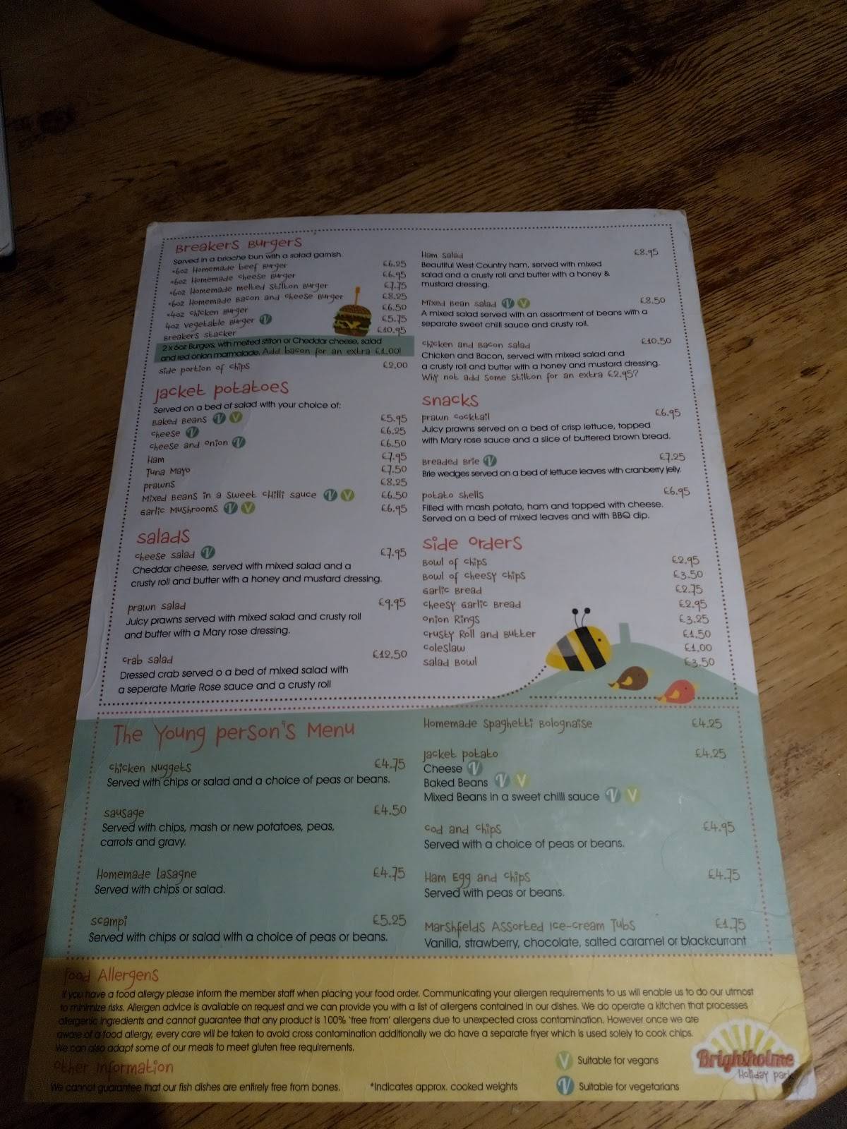 Menu at Breakers Bar and Restaurant, Burnham-on-Sea