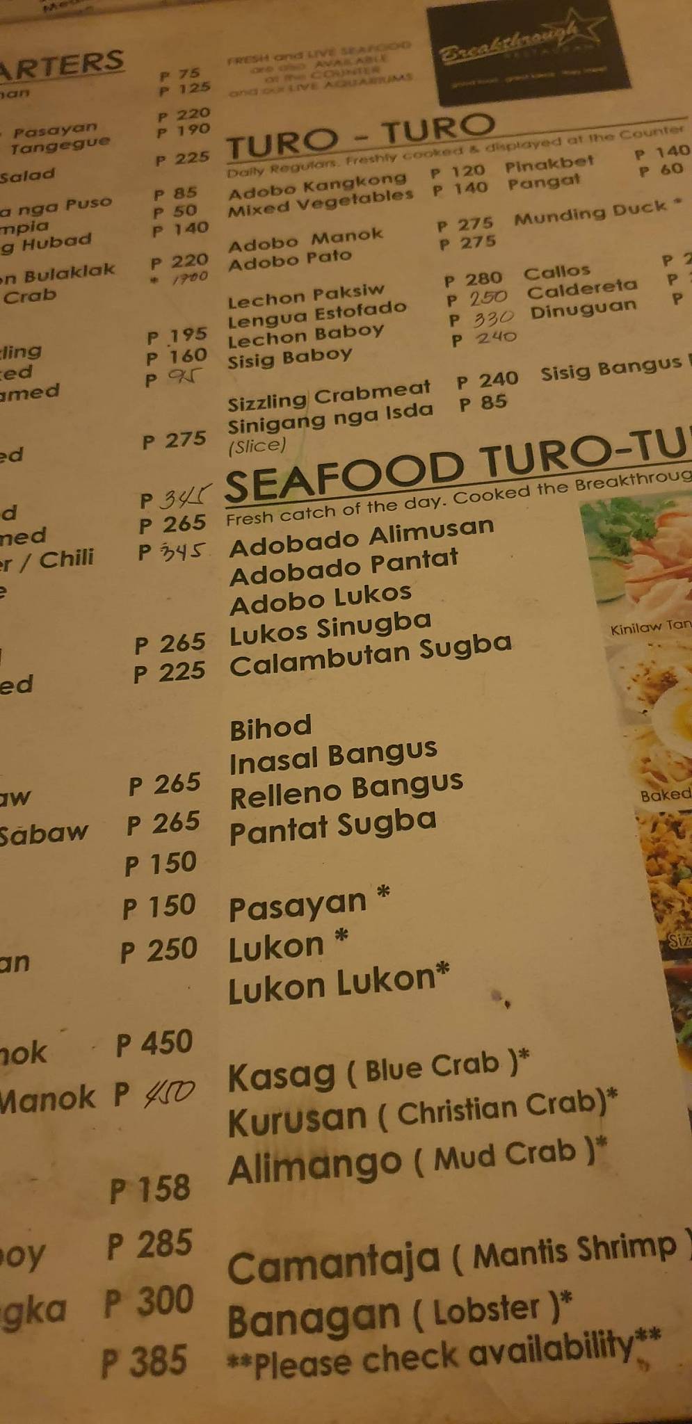 Menu at Breakthrough Restaurant, Iloilo City, MGH8+WWQ