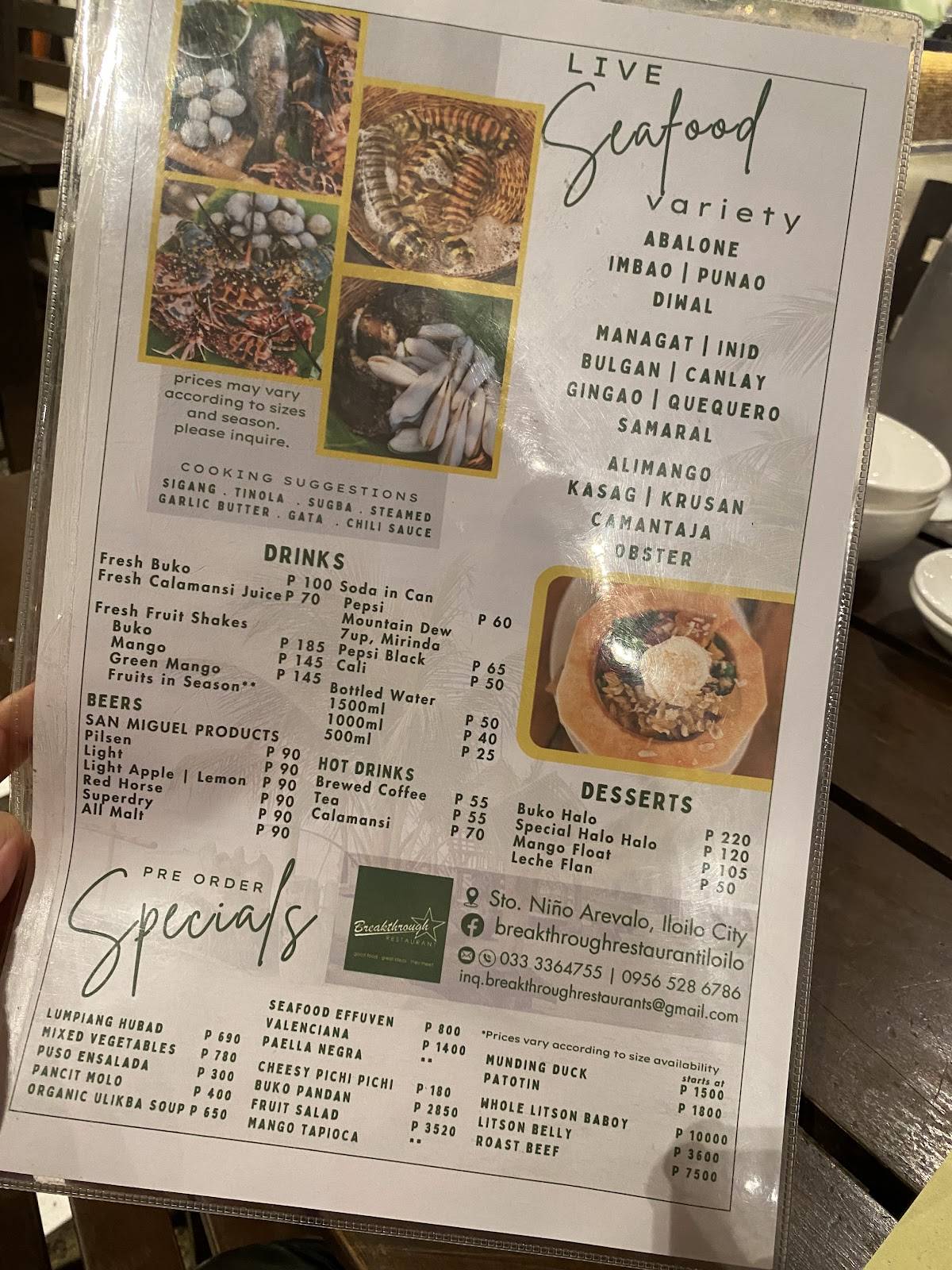 Menu at Breakthrough Restaurant, Iloilo City, MGH8+WWQ